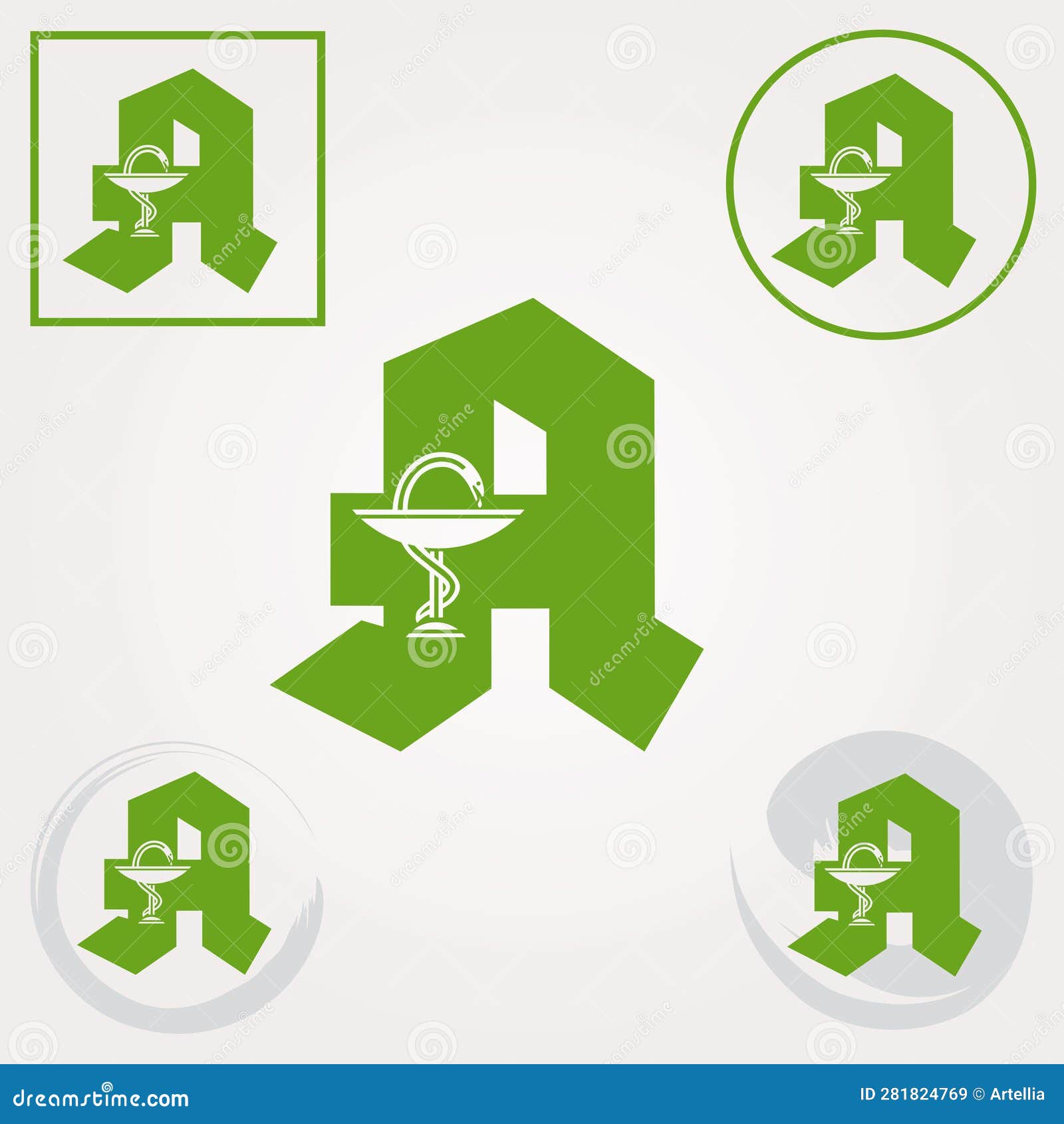 Set of German Pharmacy Icons with Caduceus Symbol in Green - Letter a ...