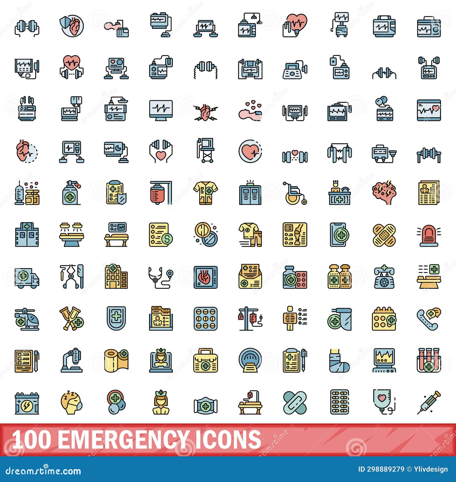 100 Emergency Icons Set, Color Line Style Stock Illustration ...