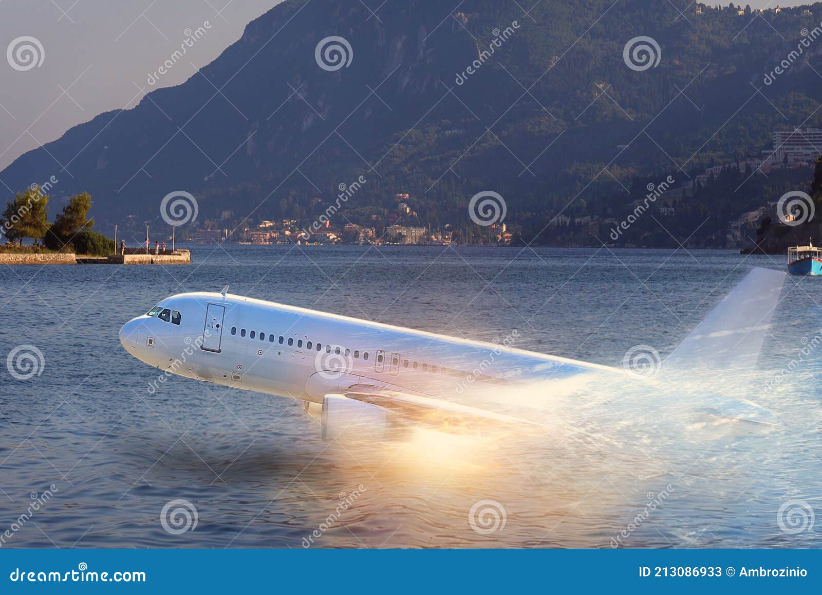 Emergency Landing Of The Airplane On Water With Splashes. Concept Of ...