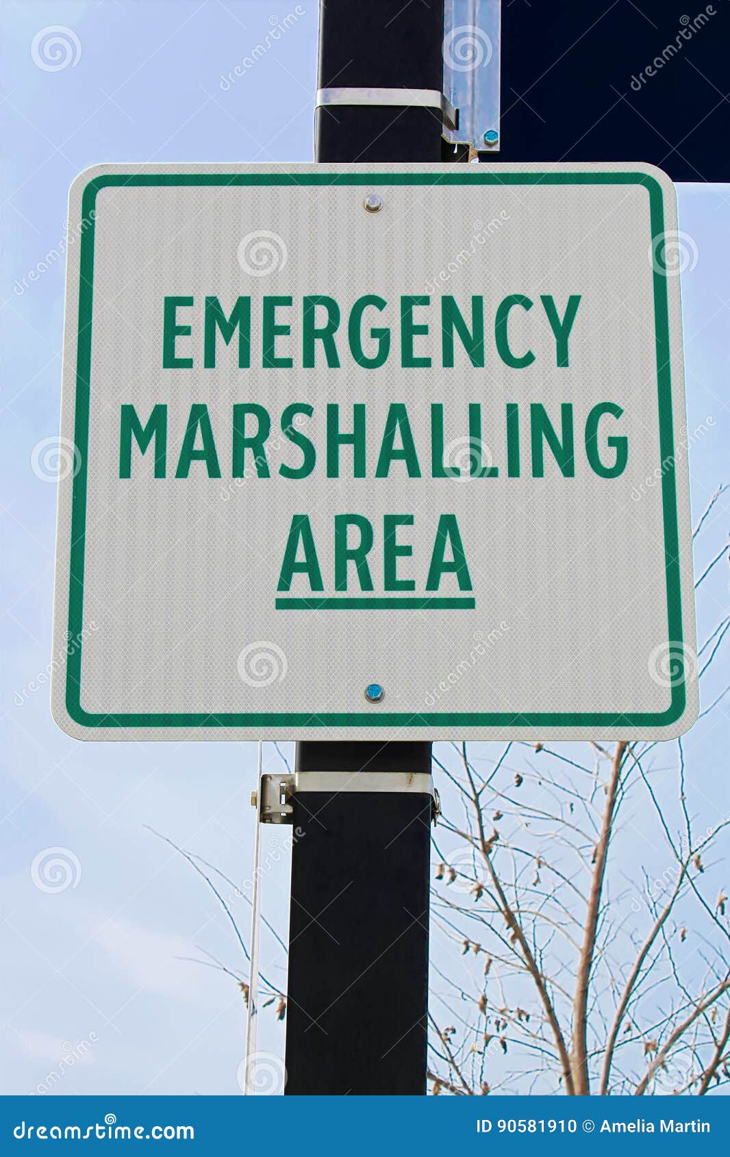 Emergency Marshalling Area Sign on a Street Pole Stock Photo - Image of ...