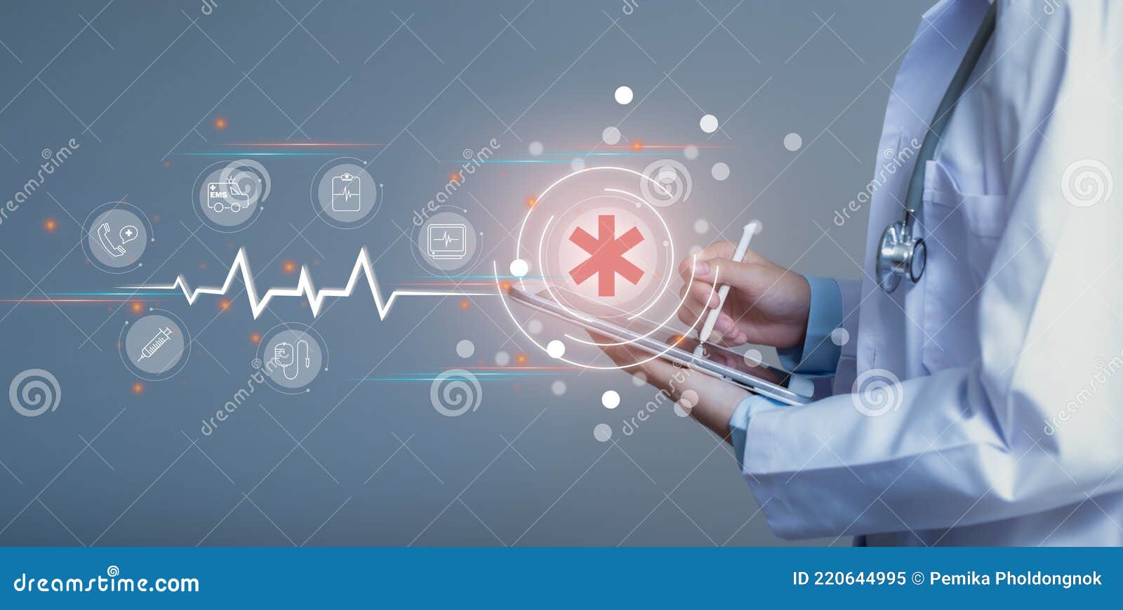 Emergency Medical Services Concept. Doctor Hand Holding Tablet and Icon ...