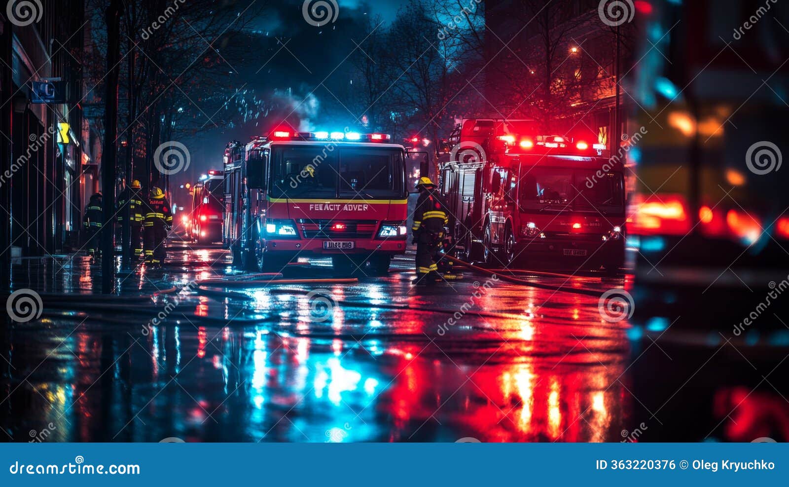 Emergency Response Scene with Fire Trucks and Firefighters. Nighttime ...