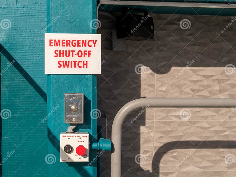 Emergency Shut-off Switch Sign and Button Outside of Pool Stock Image ...