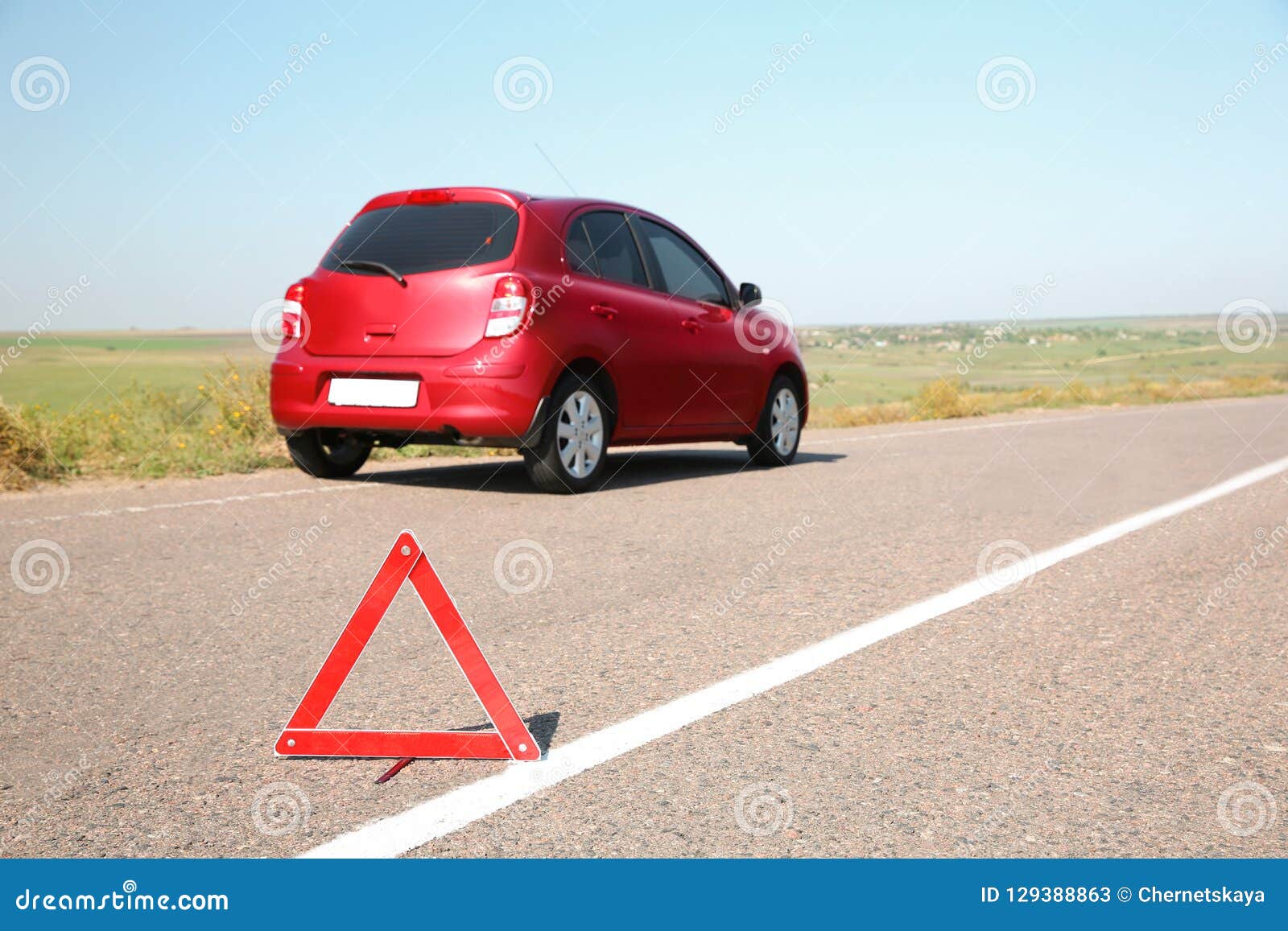 Emergency Stop Sign and Broken Car on Background. Stock Image - Image ...
