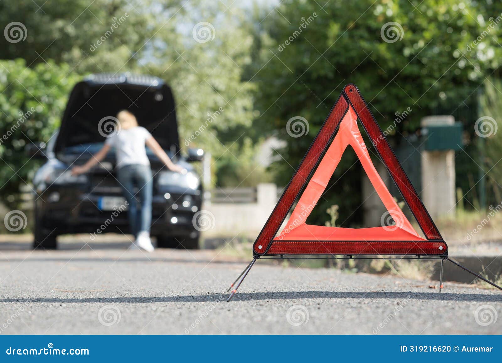 Emergency Stop Sign and Broken Car on Road Stock Photo - Image of ...