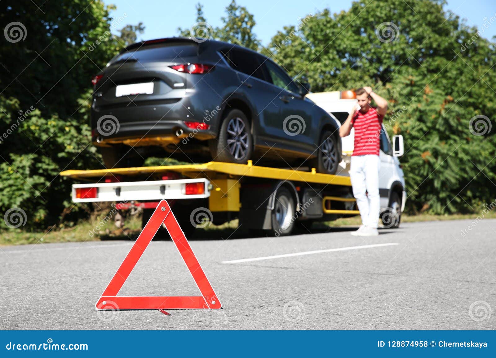 Emergency Stop Sign and Man Near Broken Car Stock Photo - Image of road ...