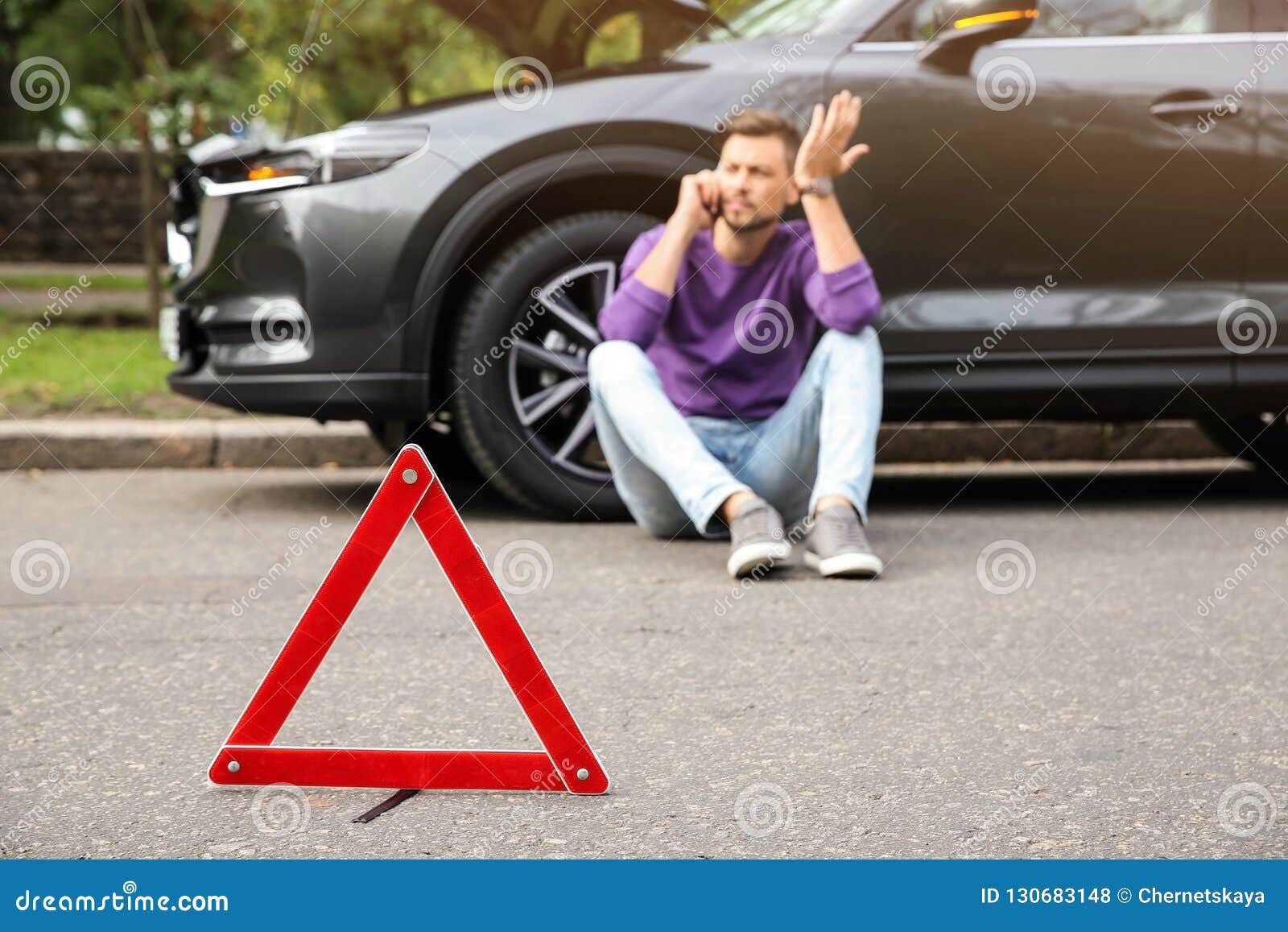 Emergency Stop Sign and Man Near Broken Car Stock Photo - Image of open ...