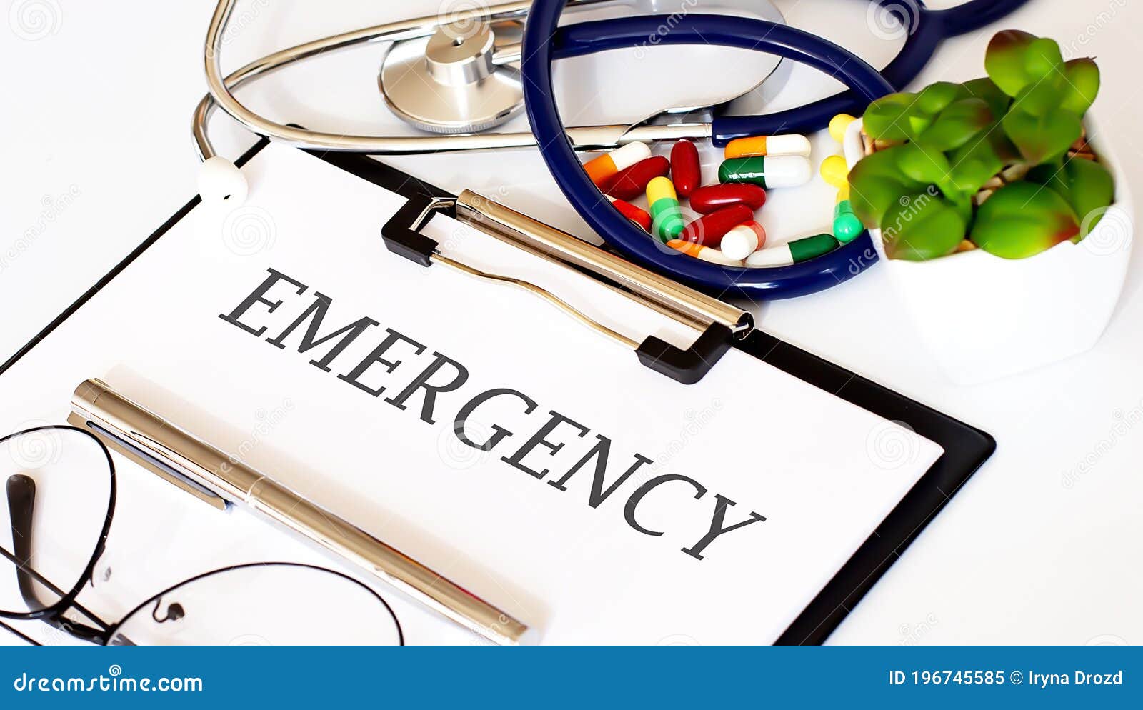 EMERGENCY Text and Background of Medicaments, Stethoscope Stock Image ...