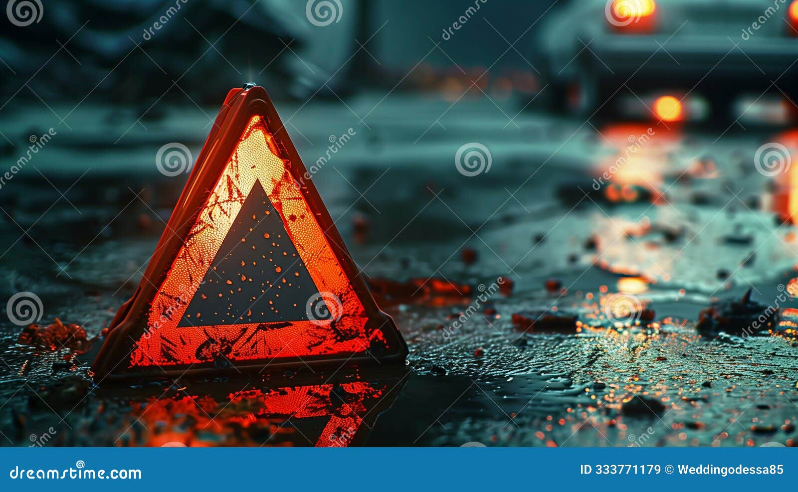 Emergency Triangular Reflective Sign Placed On The Road With A Car ...