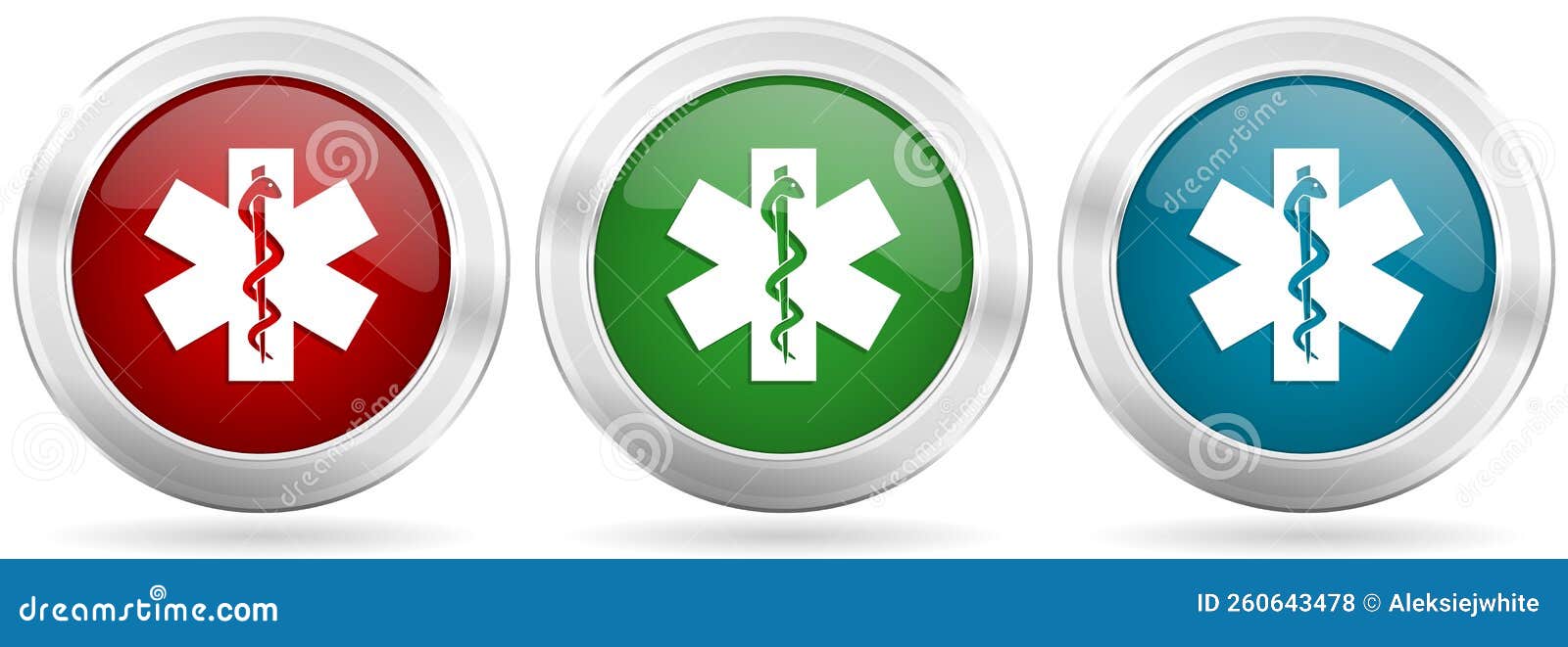 Emergency Vector Icon Set. Red, Blue and Green Silver Metallic Web ...