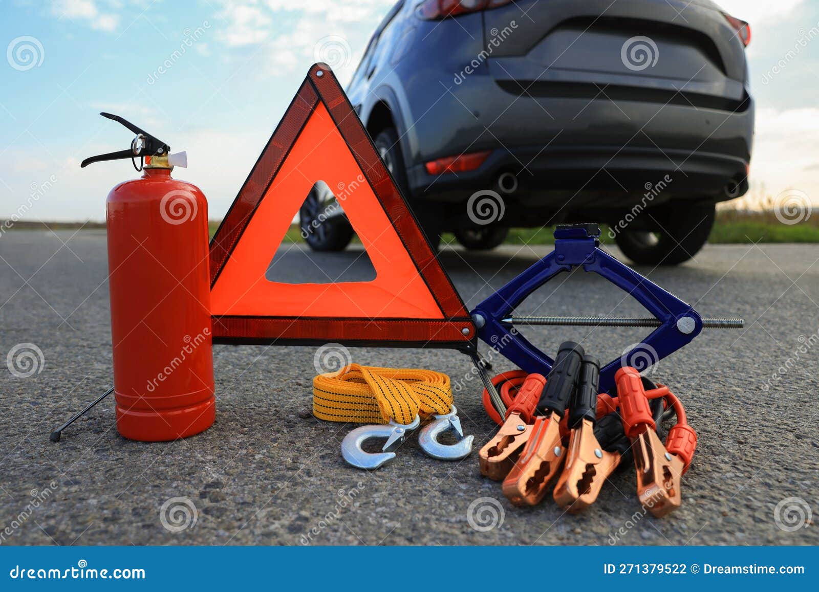 Emergency Warning Triangle and Car Safety Equipment Outdoors Stock ...