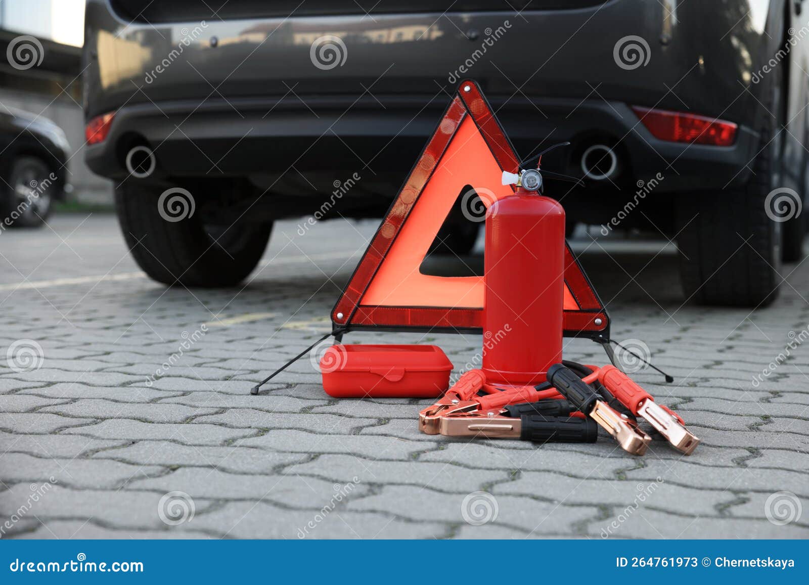 Emergency Warning Triangle and Safety Equipment Near Car, Space for ...