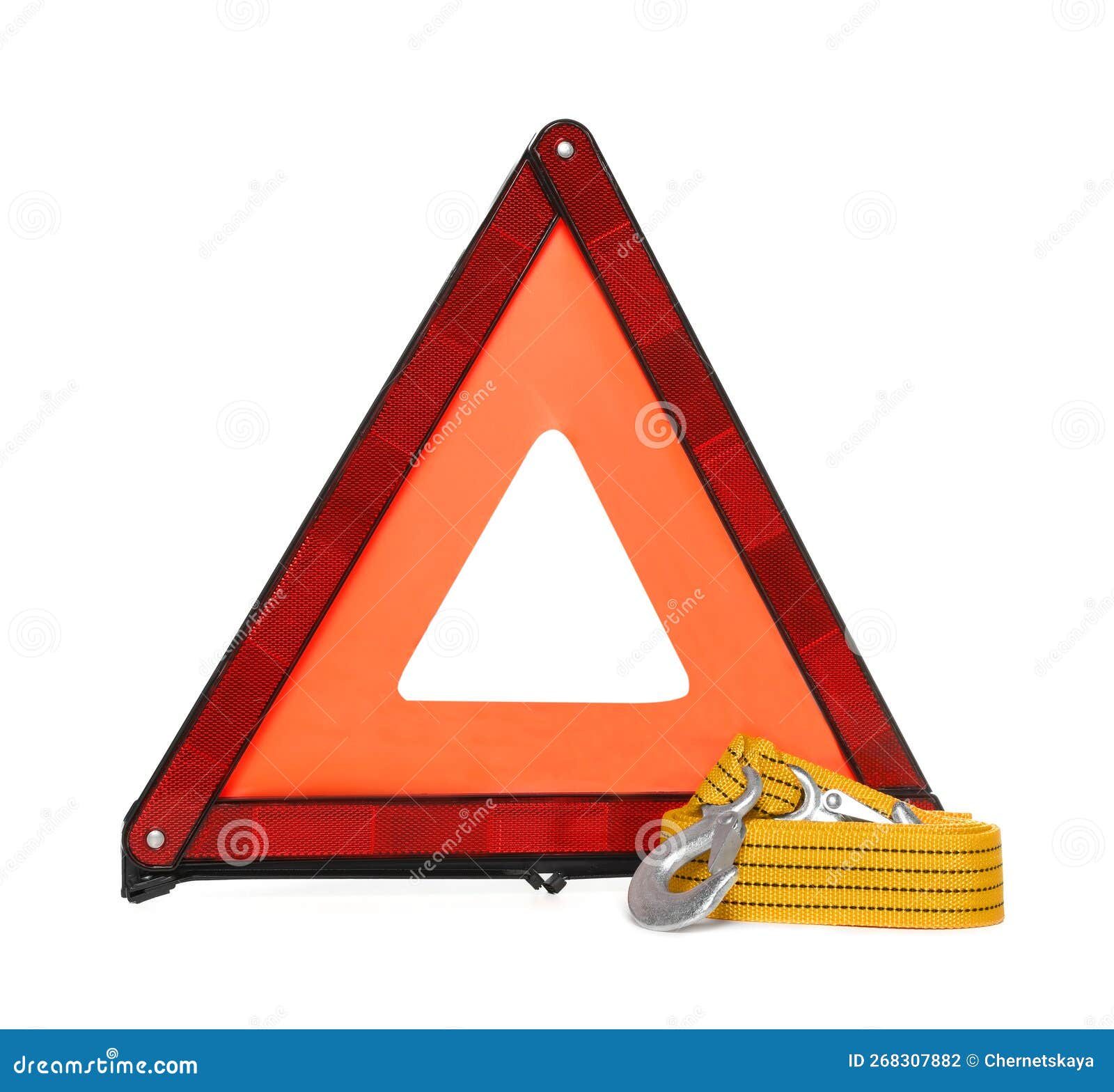 Emergency Warning Triangle and Towing Strap on White Background. Car ...