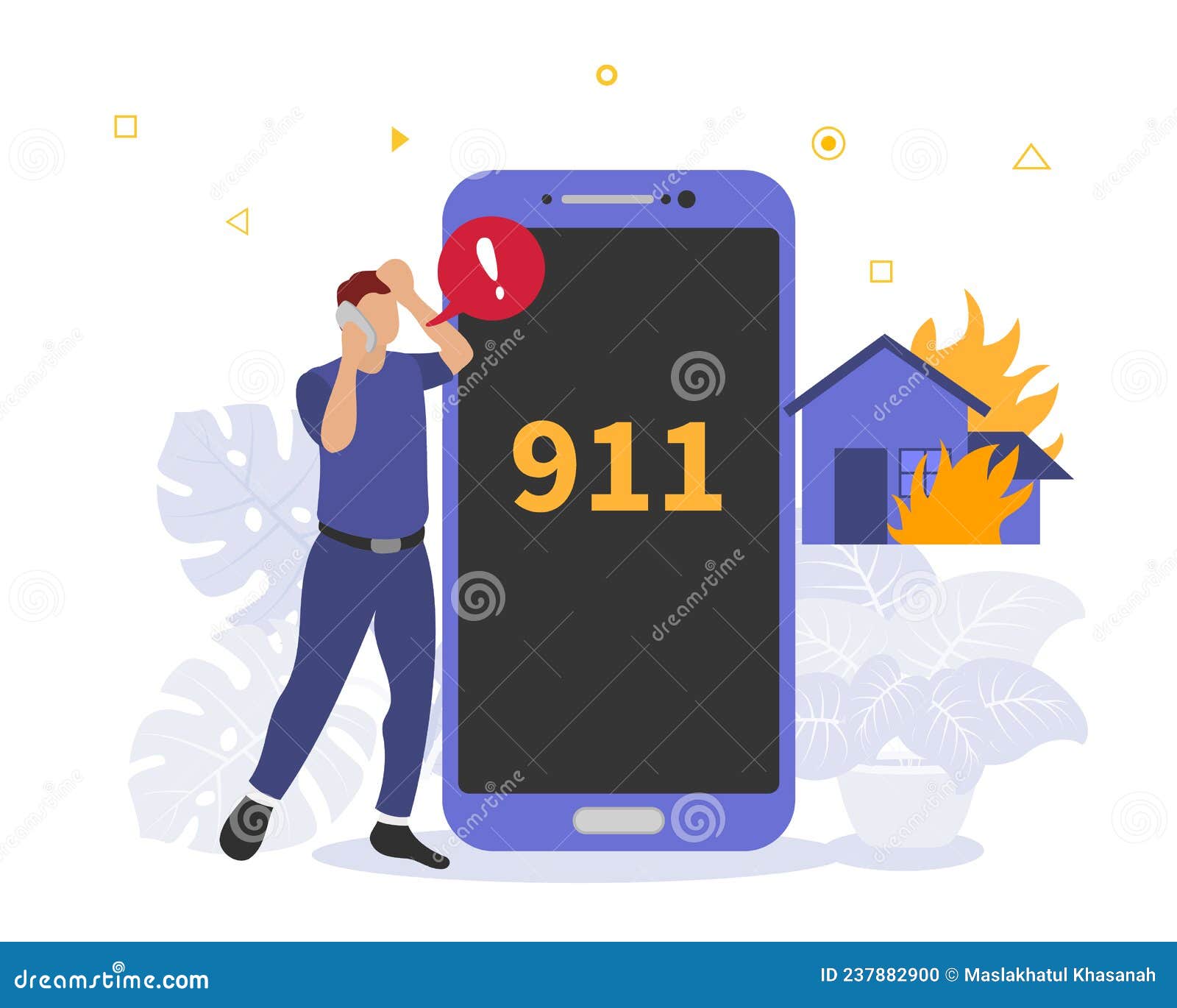 Emergeny Call 911 Concept with Man Panic Calling with House Burning ...