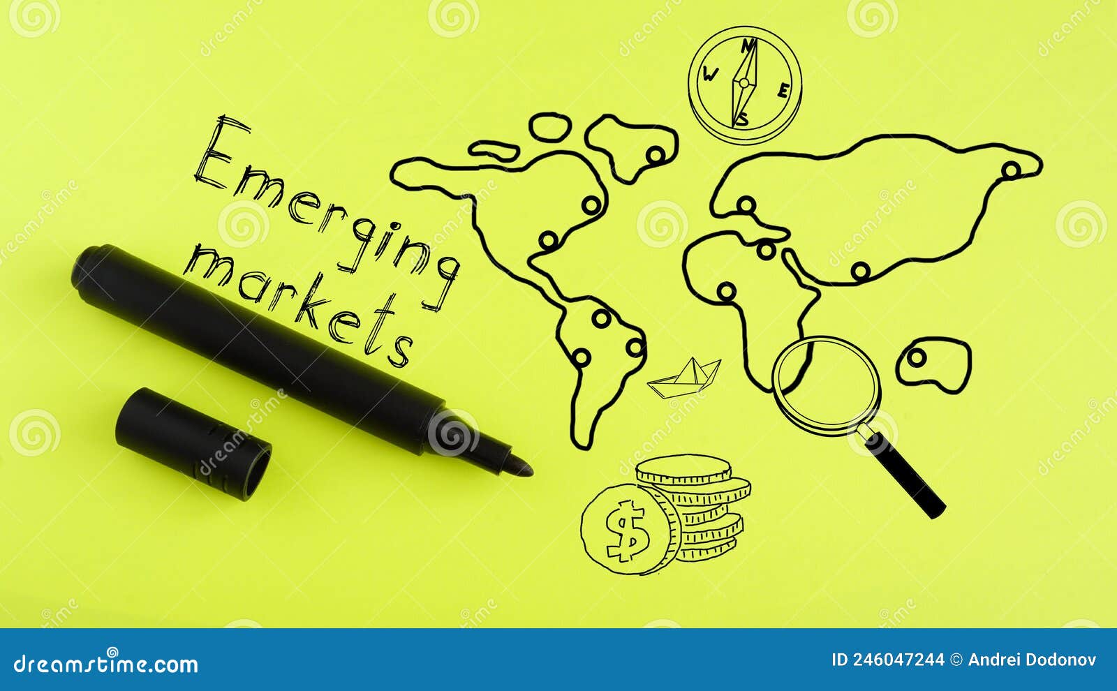 Emerging Markets are Shown Using the Text and Map of the World Stock ...