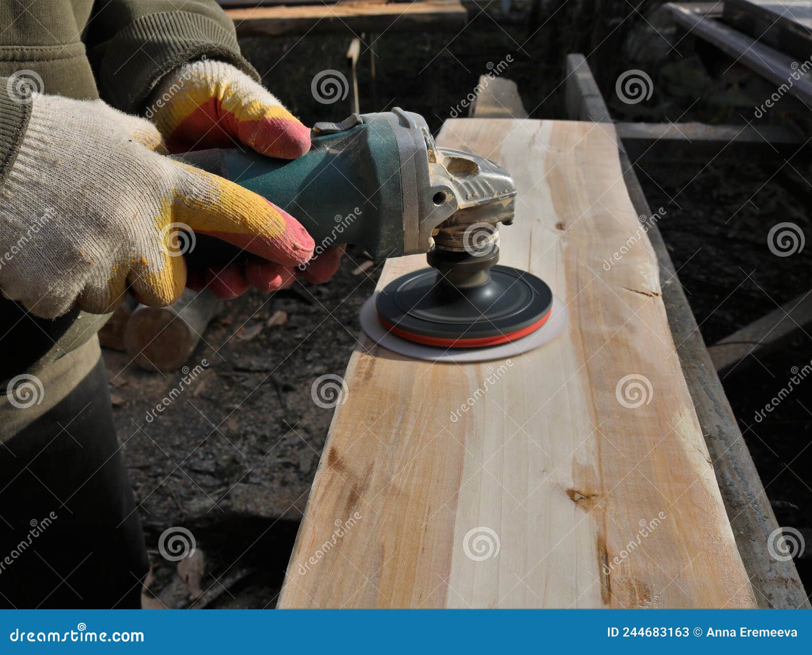 Emery Processing of Wood Texture with a Tool in the Hands Stock Image ...