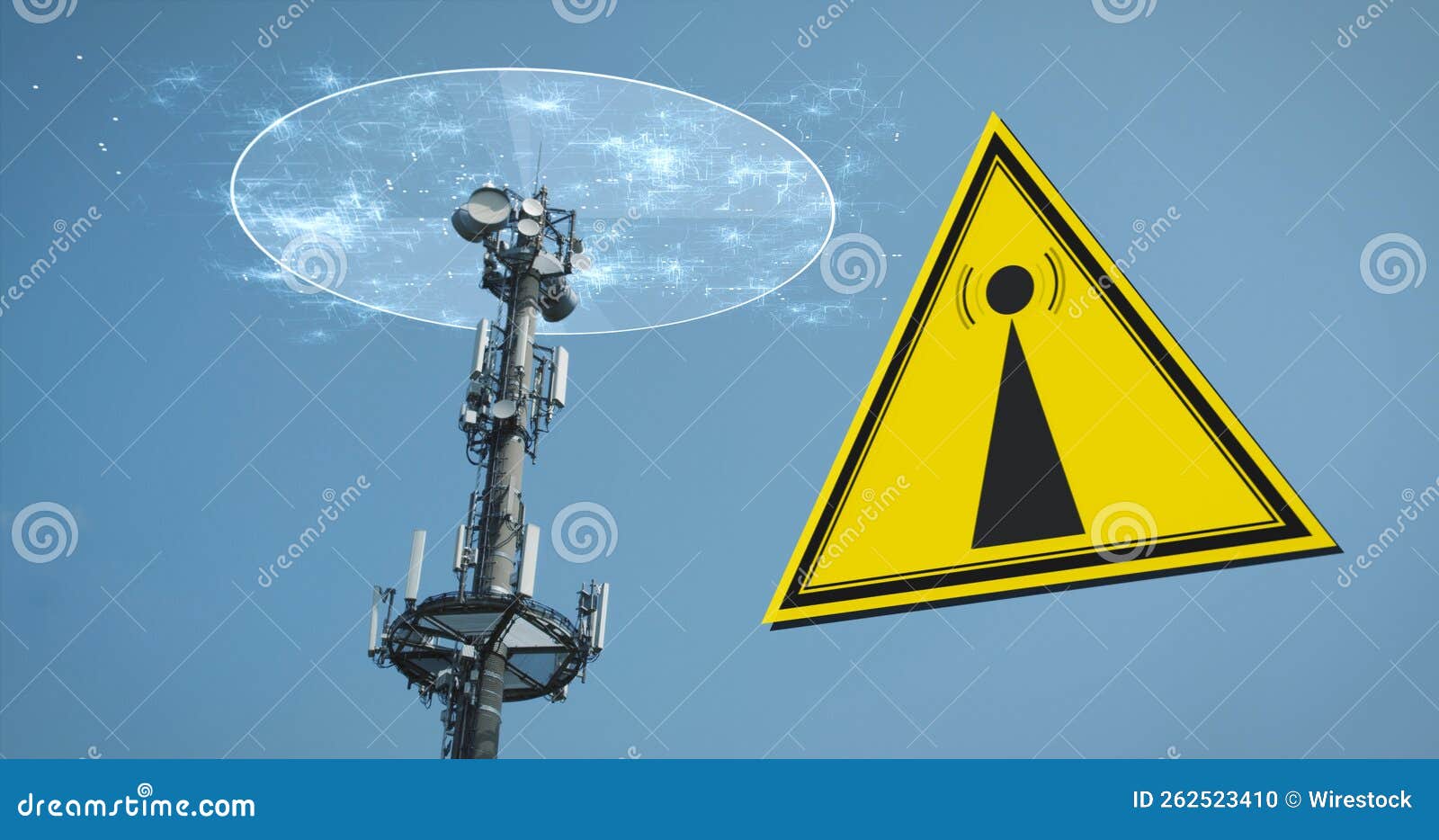 EMF Warning Sign and a 5G Tower Causing Radiation Under a Blue Stock ...