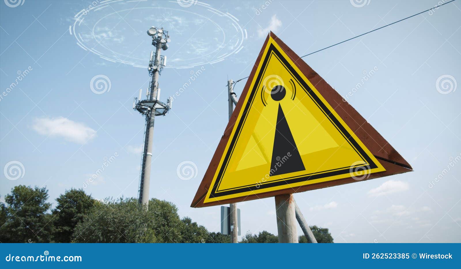 EMF Warning Sign and a 5G Tower Causing Radiation Under a Blue Sky ...