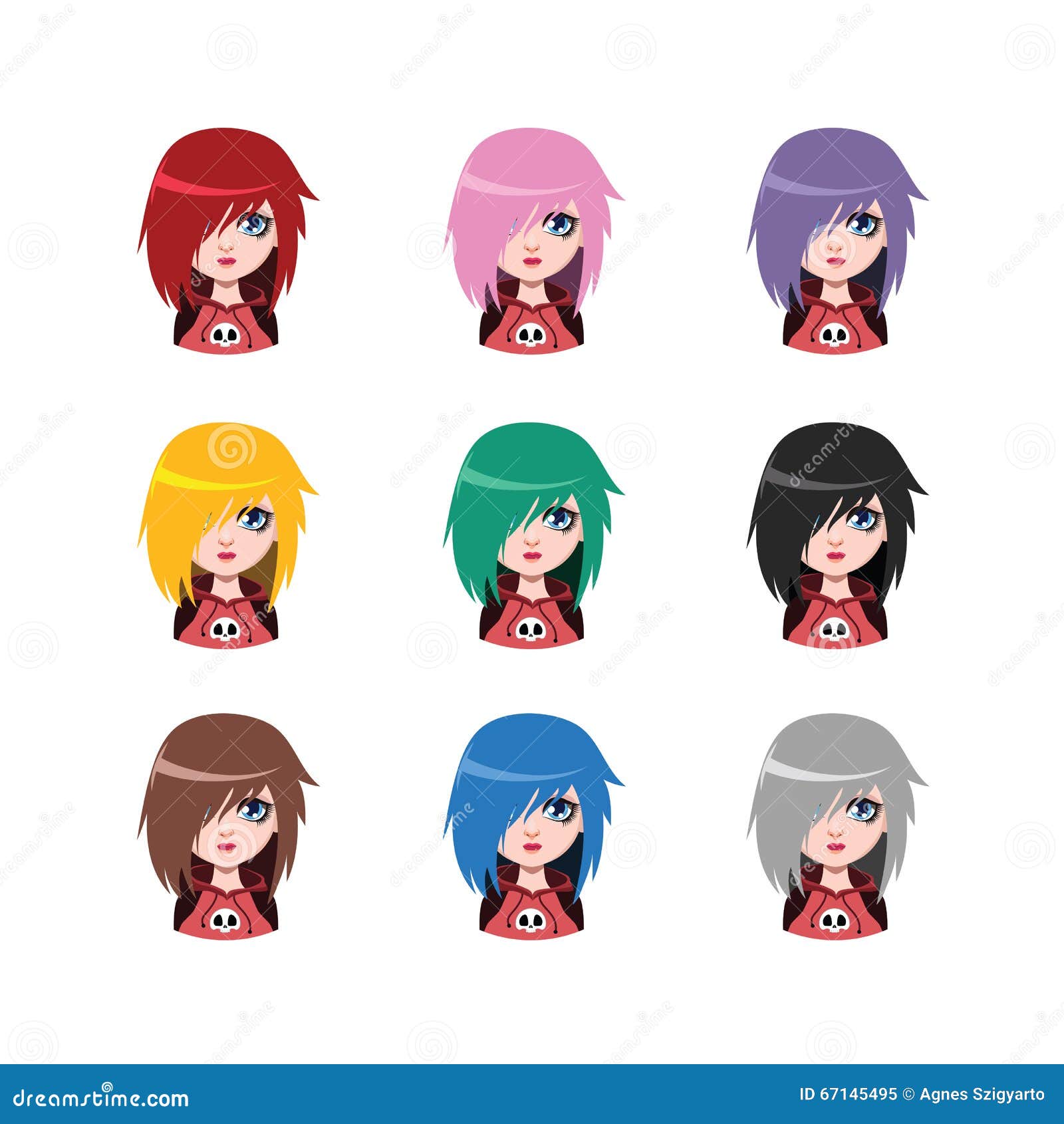 Emo Girl - 9 Different Hair Colors Stock Vector - Illustration of icon ...