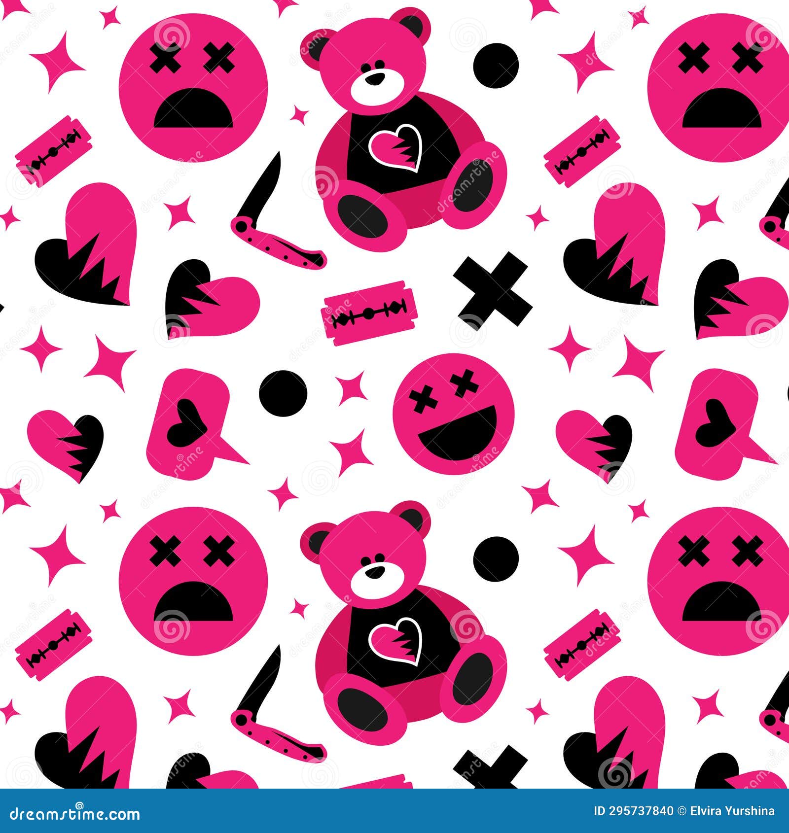 Emo Pattern. Vector Illustration with Hearts, Stars, Eyes, Teddy and ...
