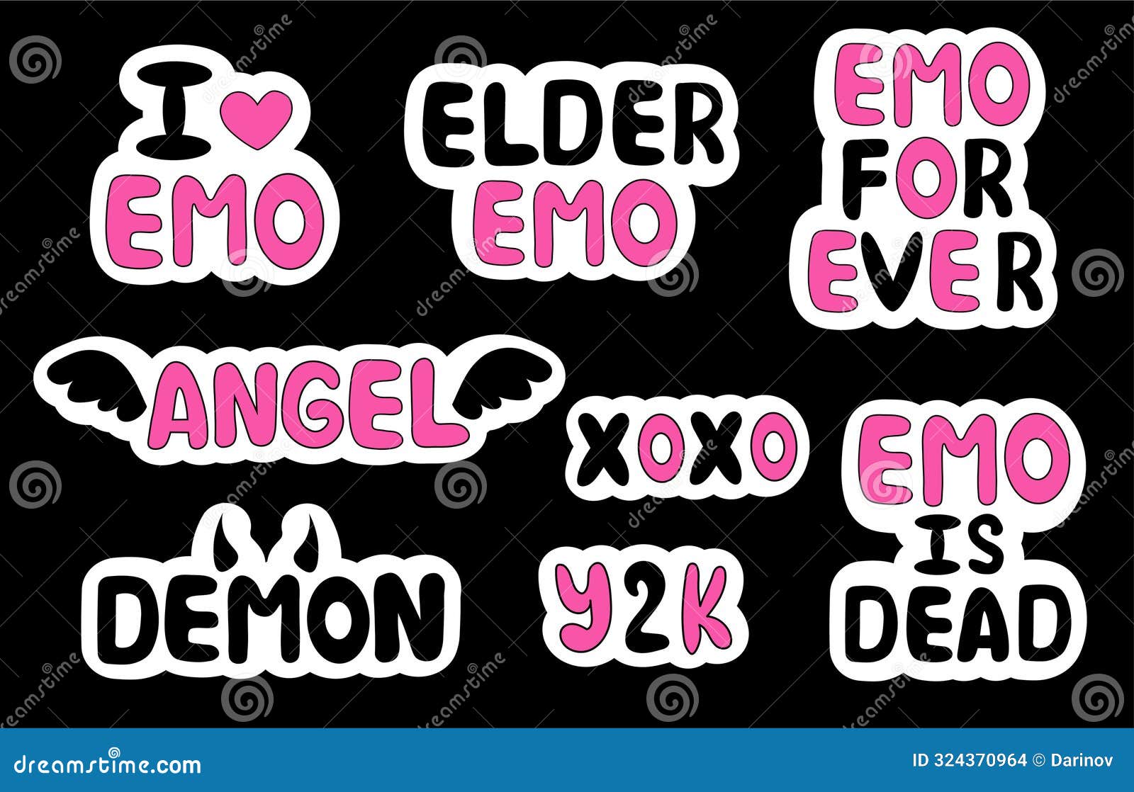 Set of Emo Stickers. Y2k Style. Lettering. Angel and Demon. Elder Emo ...