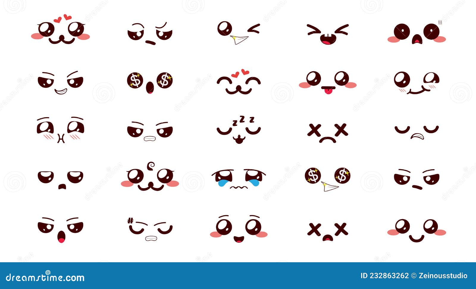 Smileys Chibi Characters Vector Set Kawaii Emojis Collection With Cute Facial Expressions In