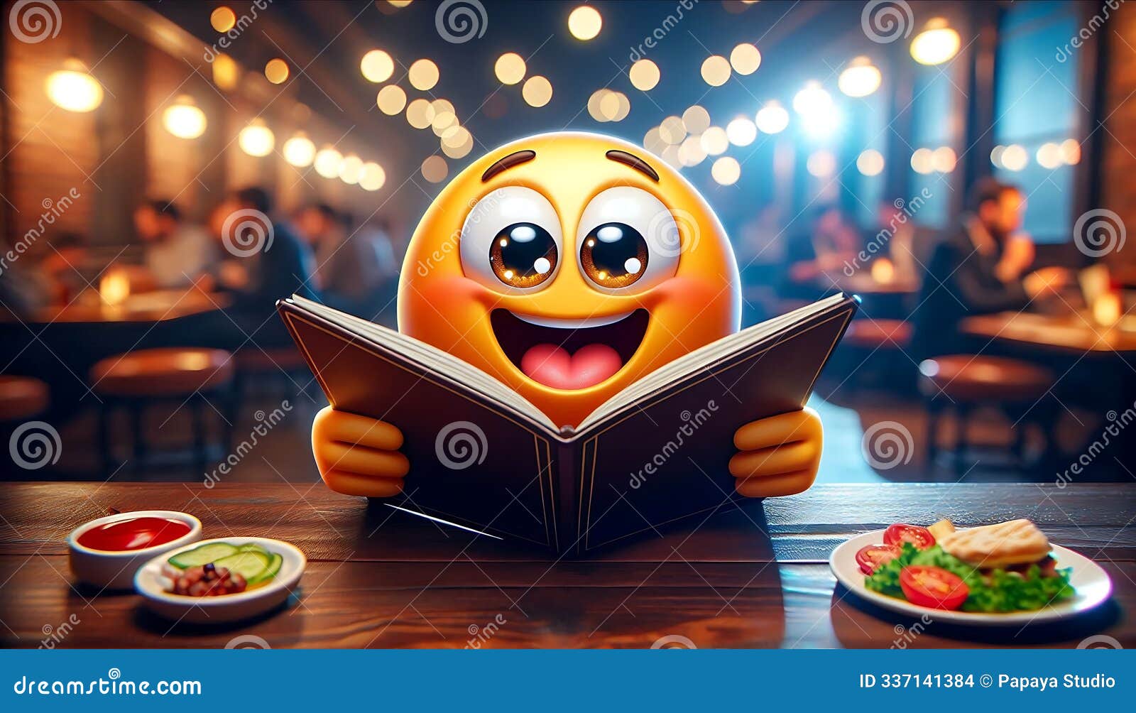 Emoticon at a Restaurant Table with an Open Menu Stock Illustration ...