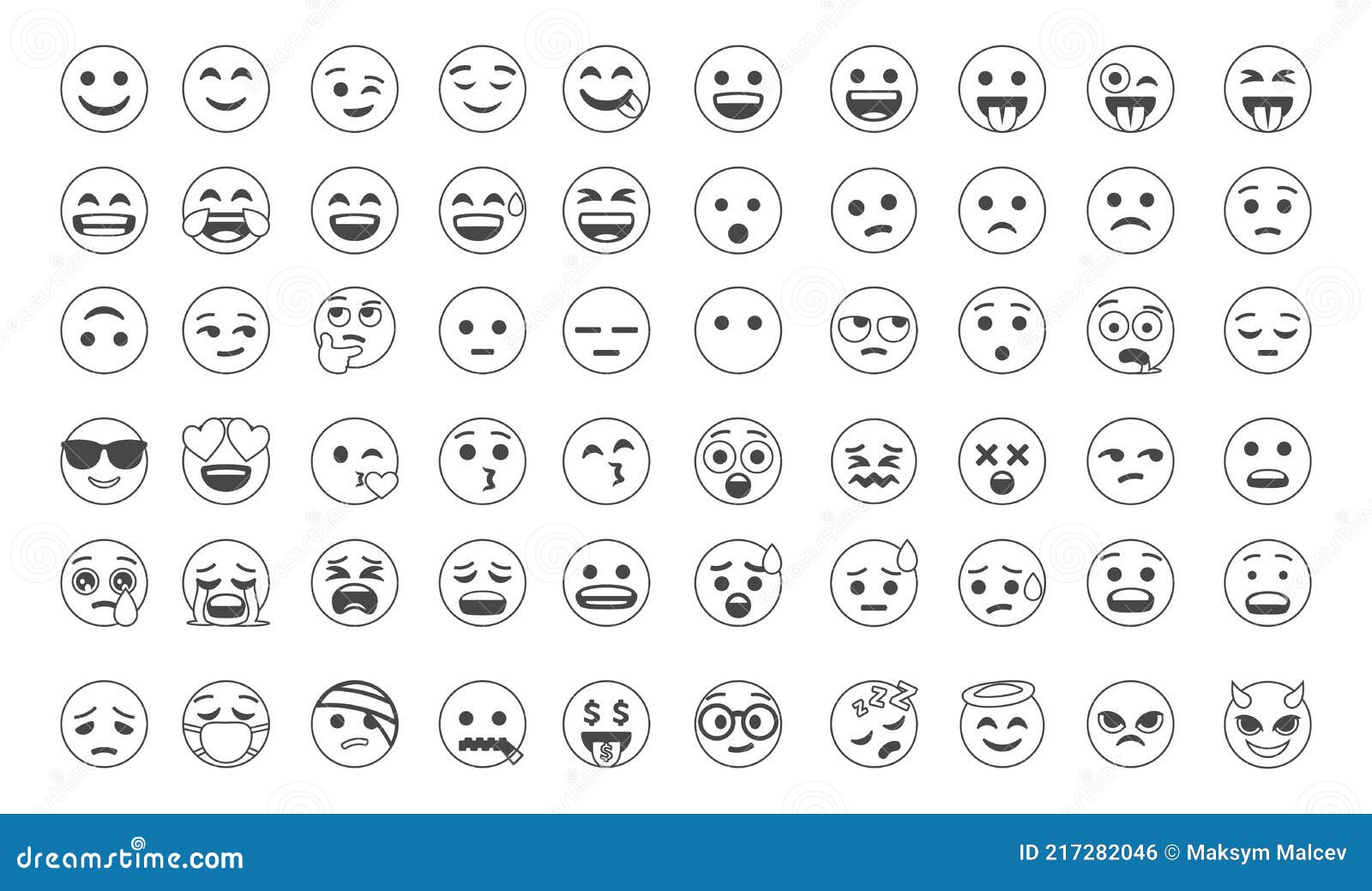 Emoticons Big Set. Faces Collection Flat Style. Line Smiley Face ...
