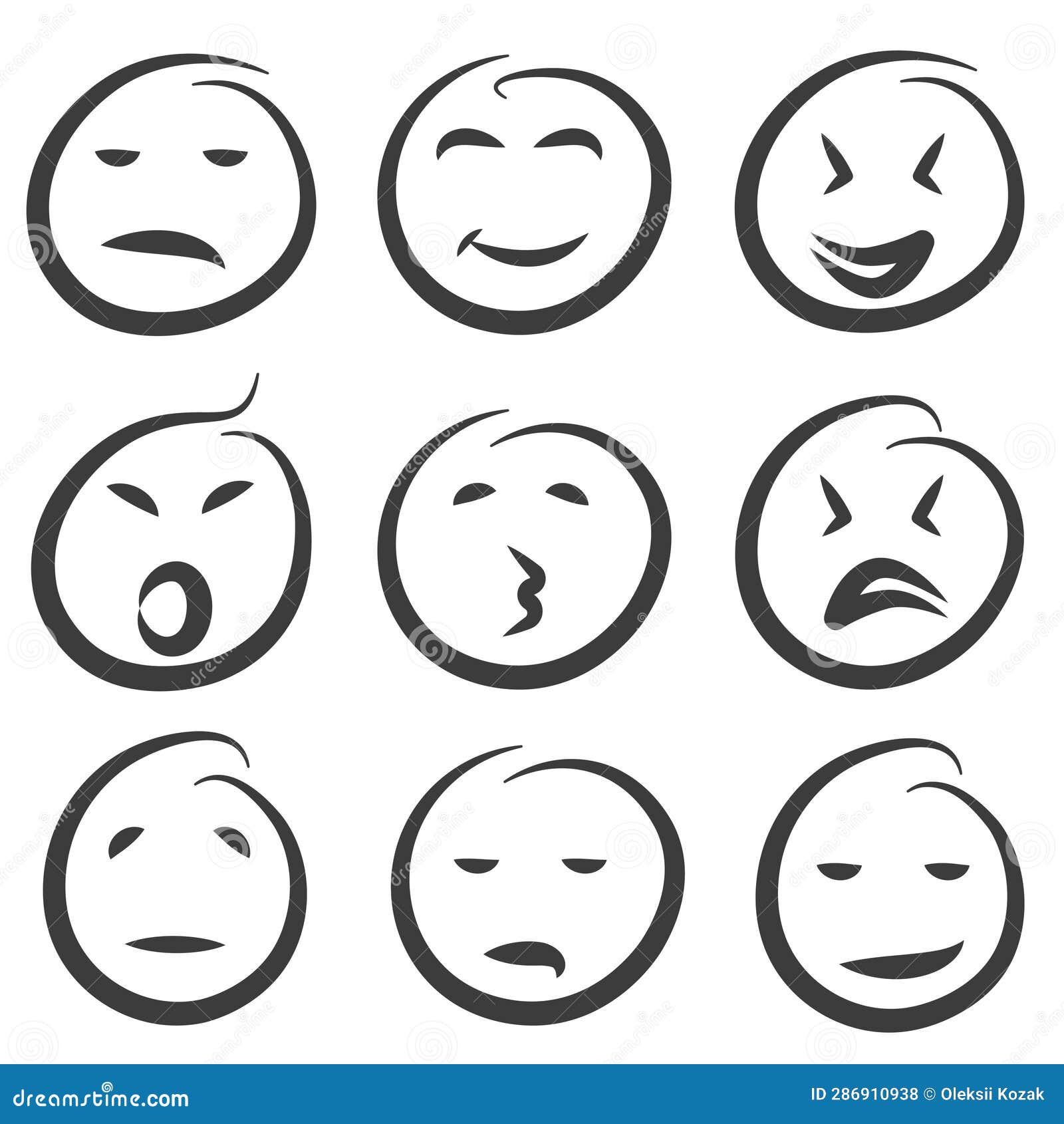 Emoticons. Set of Nine Black Abstract Textured Vector Emoticons Stock ...