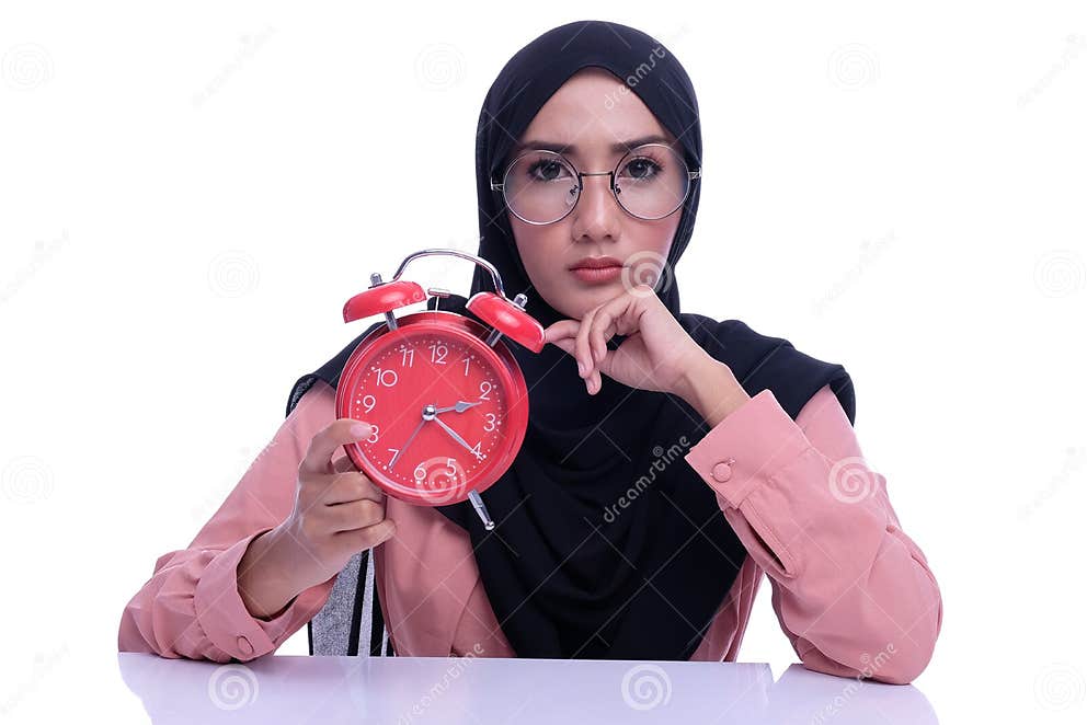 Emotion Face Or Expression Muslim Woman Face With Deference Time Clock