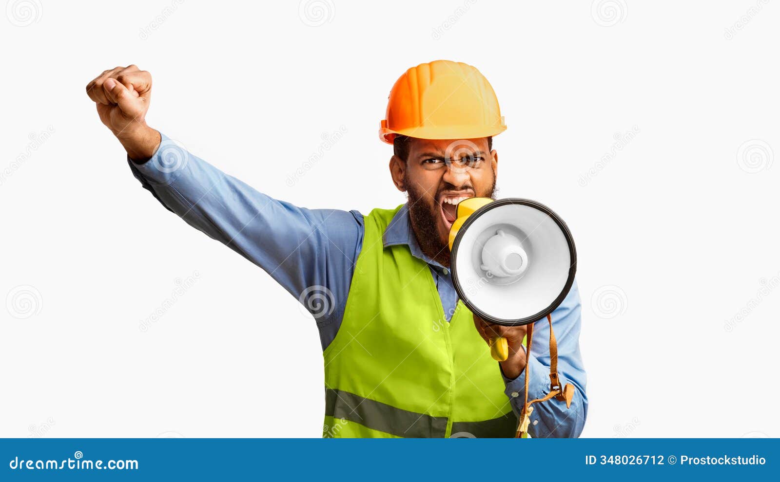 Emotional African Builder Shouting in Megaphone Over White Background ...