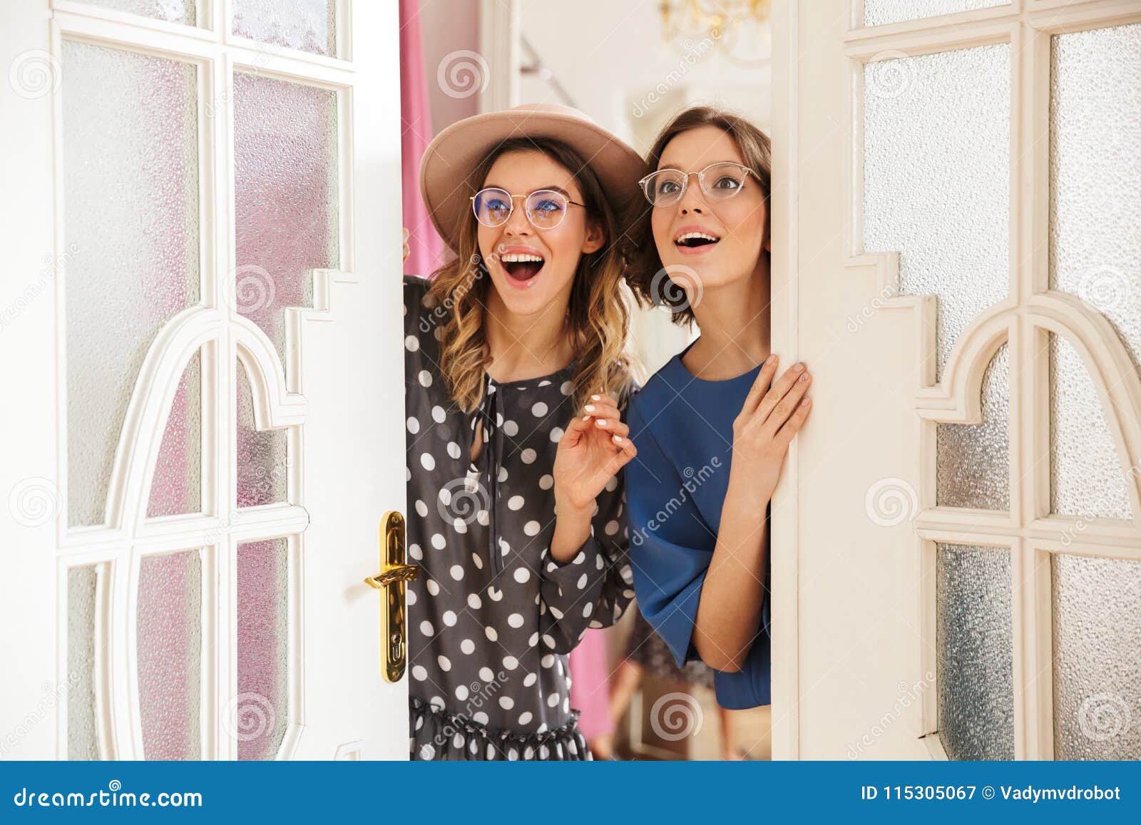 Emotional Amazing Young Women Wearing Glasses Open The Door Stock Image Image Of People