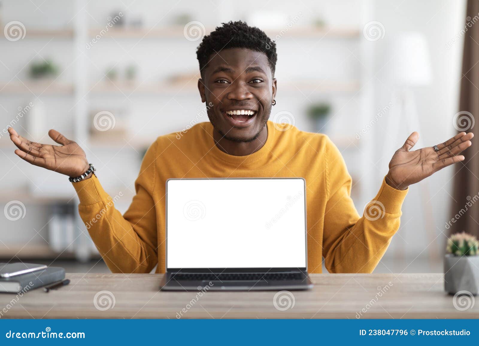 Emotional Black Guy Using Laptop with Empty Screen Stock Photo - Image ...