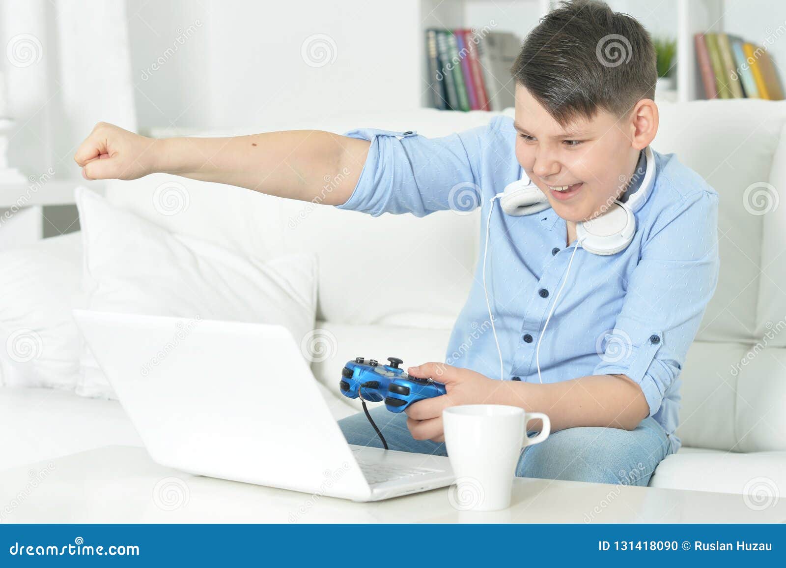 Portrait of Boy Playing Computer Game with Laptop Stock Photo - Image ...