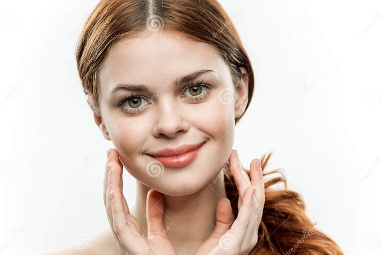 Emotional Cheerful Woman Holding Hands Near Face Attractive Look Light