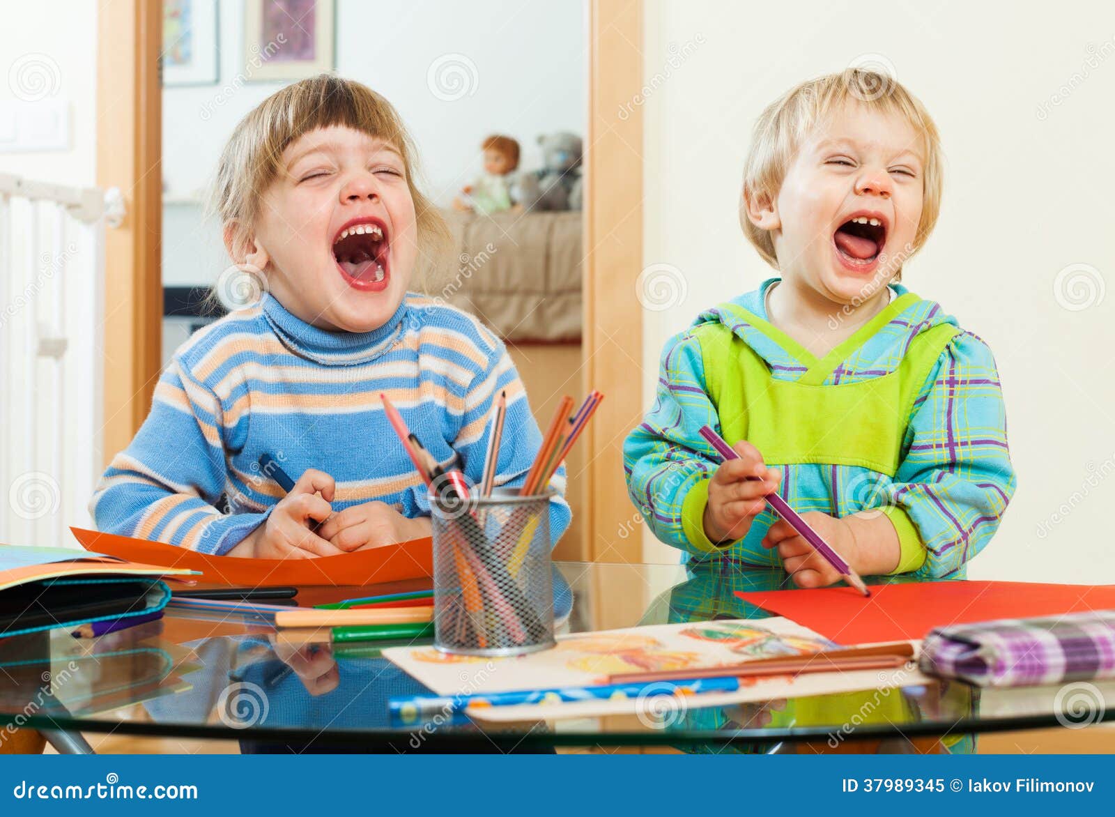 Emotional Children Playing with Paper and Pencils Stock Image - Image ...