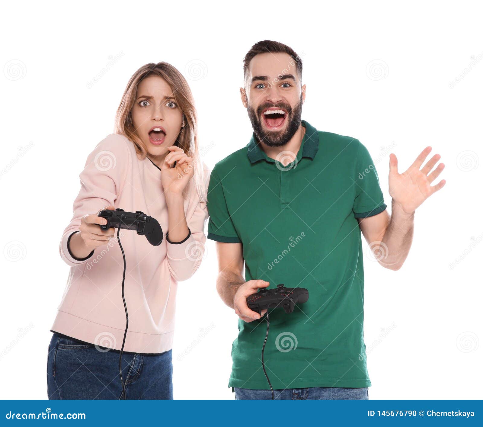Emotional Couple Playing Video Games with Controllers Stock Photo ...