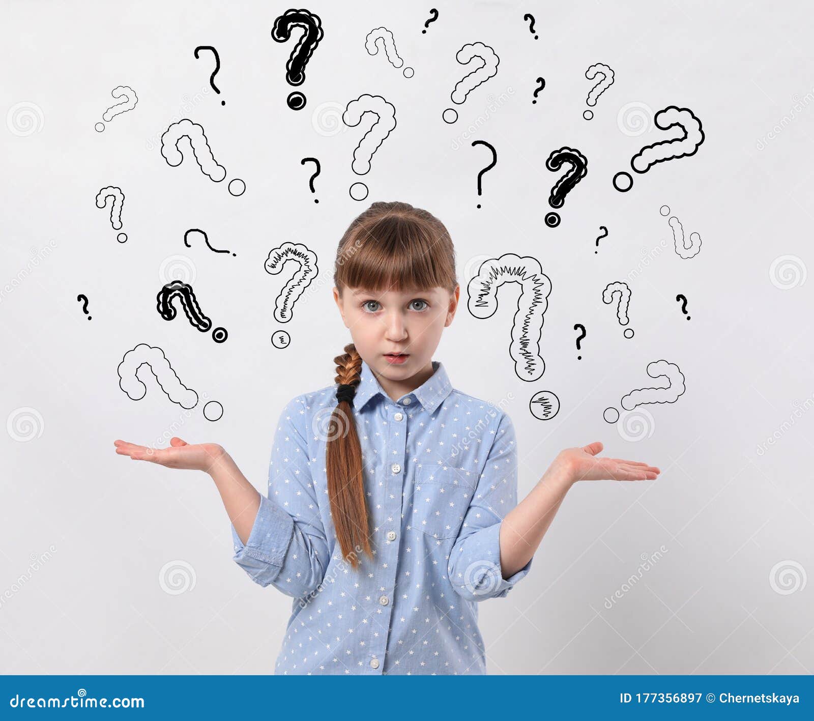 Emotional Girl with Drawings of Question Marks on Background Stock ...