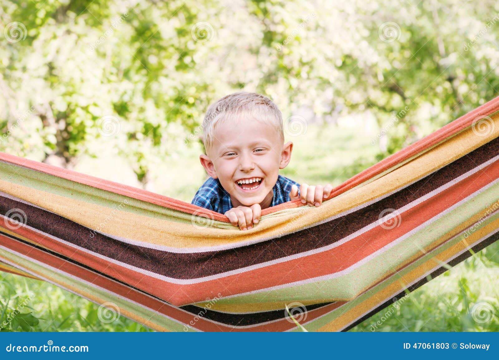 Emotional Little Boy in Hammock in Summer Garden Stock Image - Image of ...