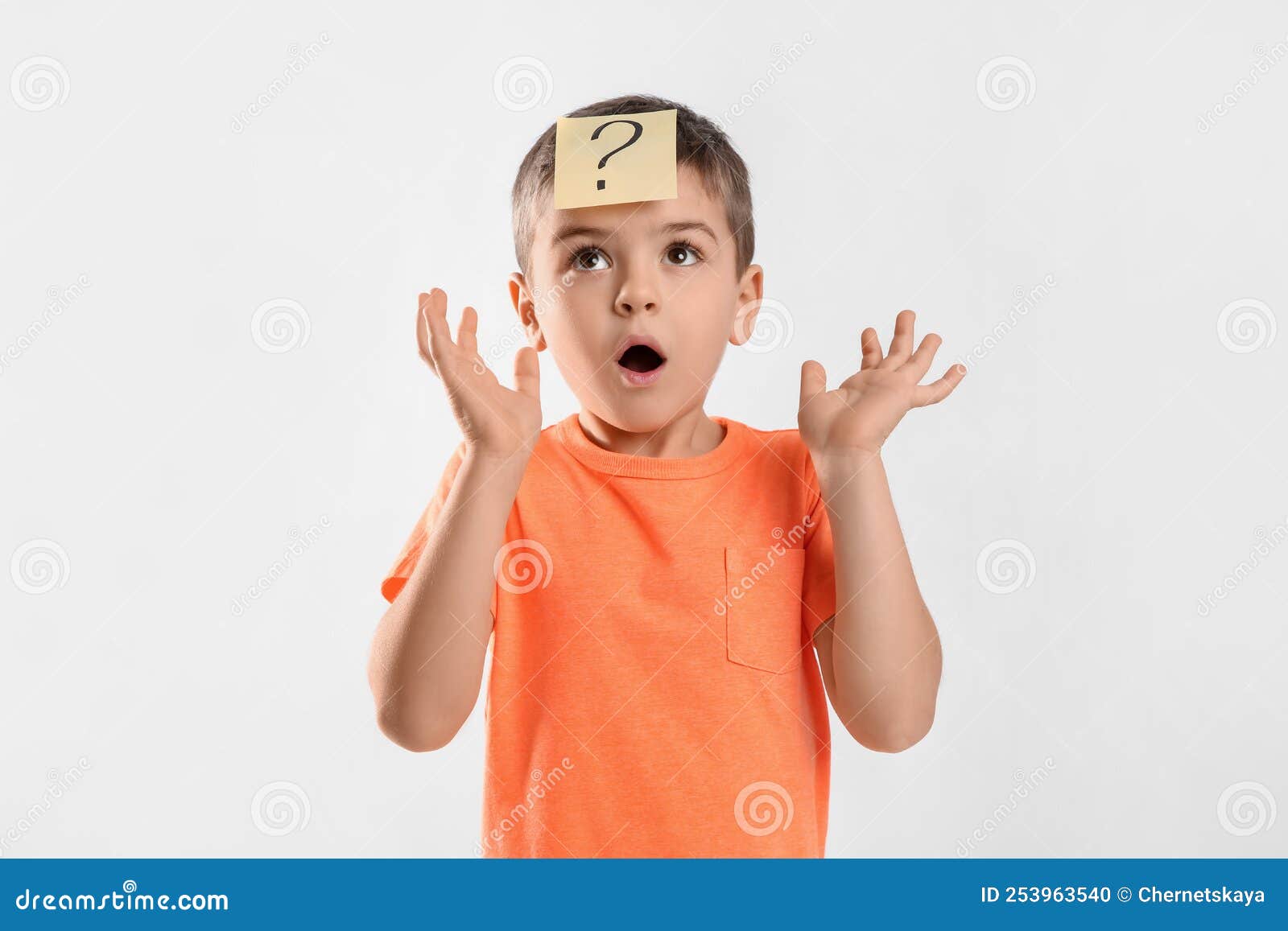 Emotional Little Boy with Question Mark on White Background Stock Photo ...