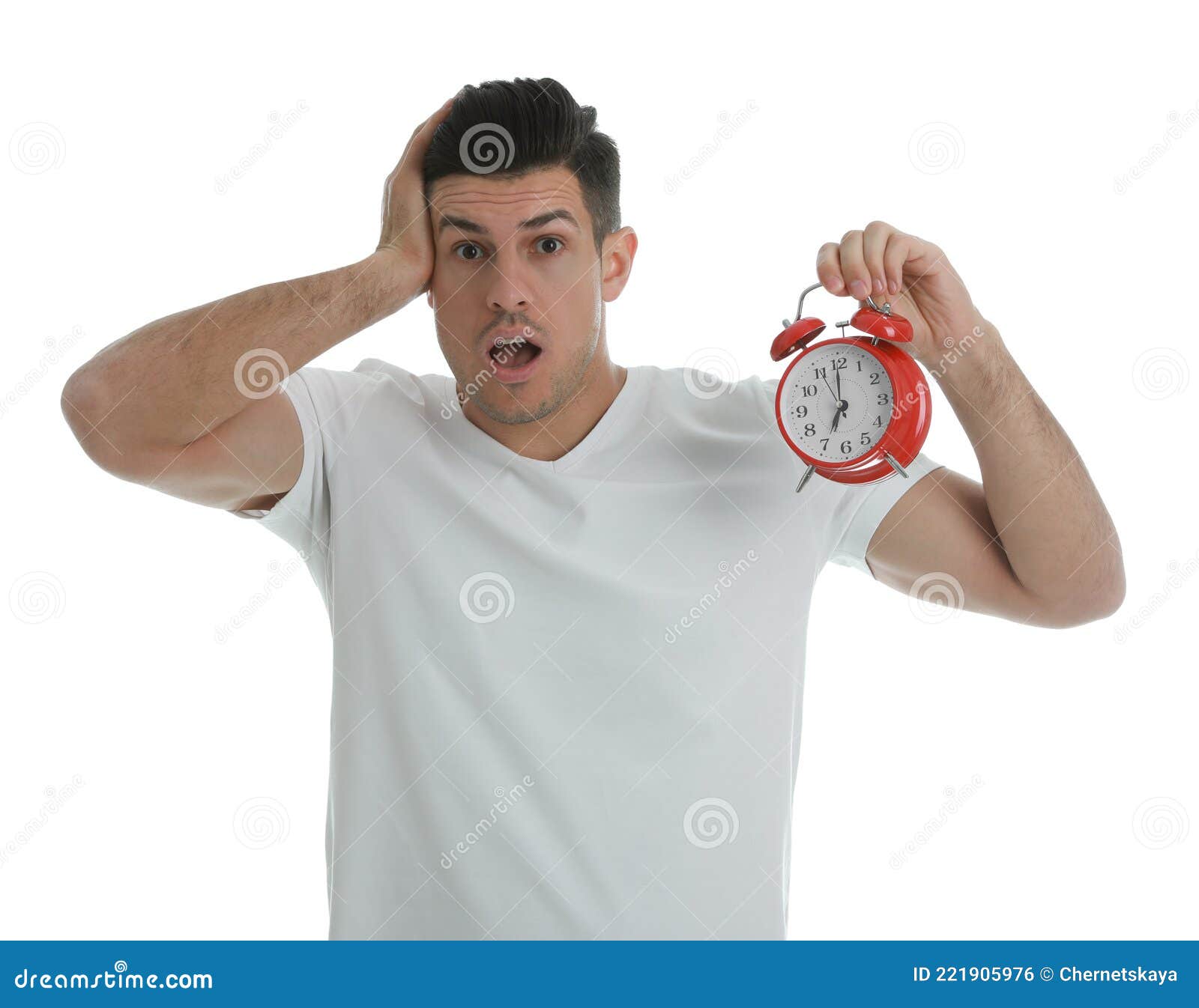Emotional Man with Alarm Clock on White. Being Late because of ...