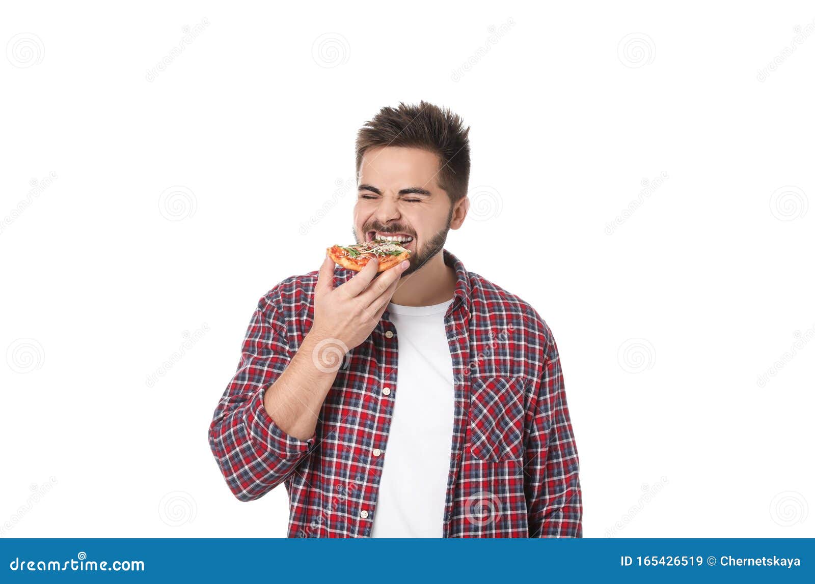 Emotional Man Eating Pizza Isolated Stock Image - Image of delicious ...