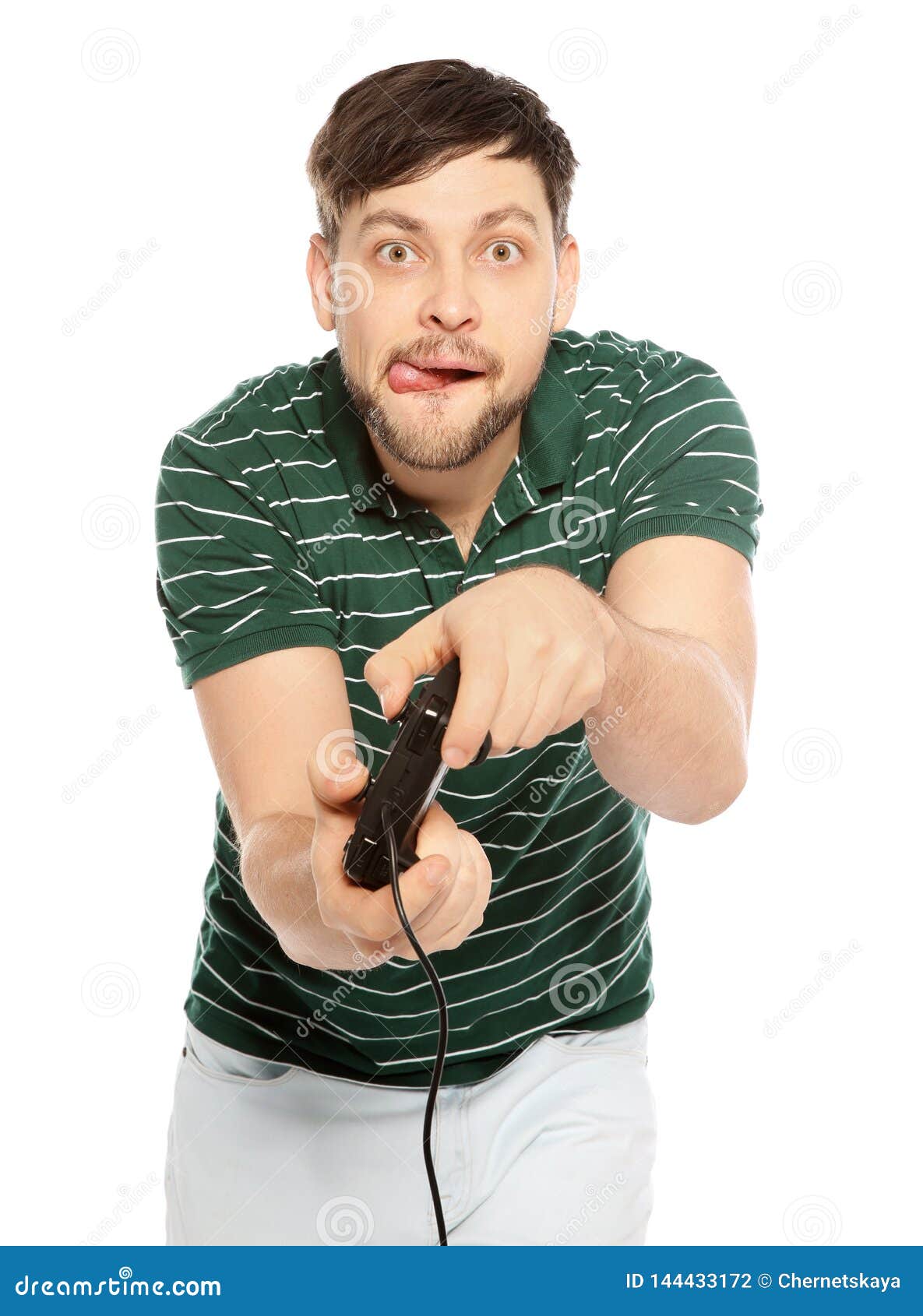 Emotional Man Playing Video Games with Controller on White Stock Photo ...