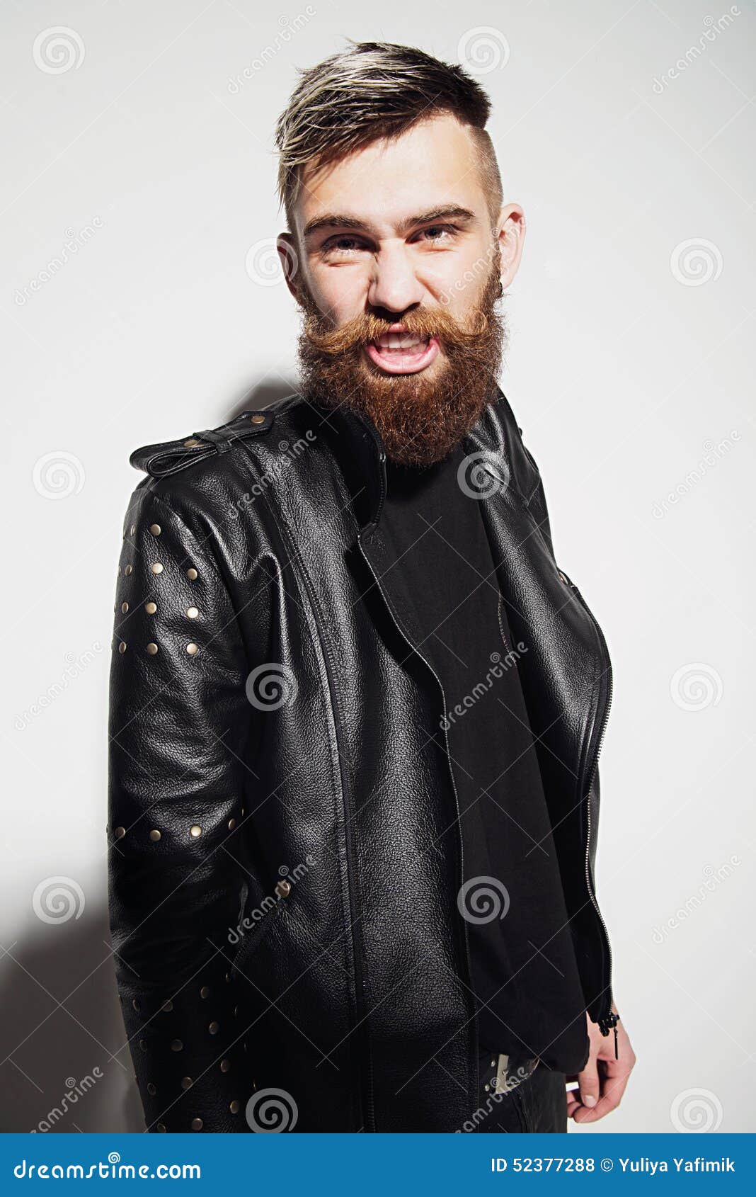 Emotional Portrait of a Bearded Young Man in a Leather Jacket Stock ...