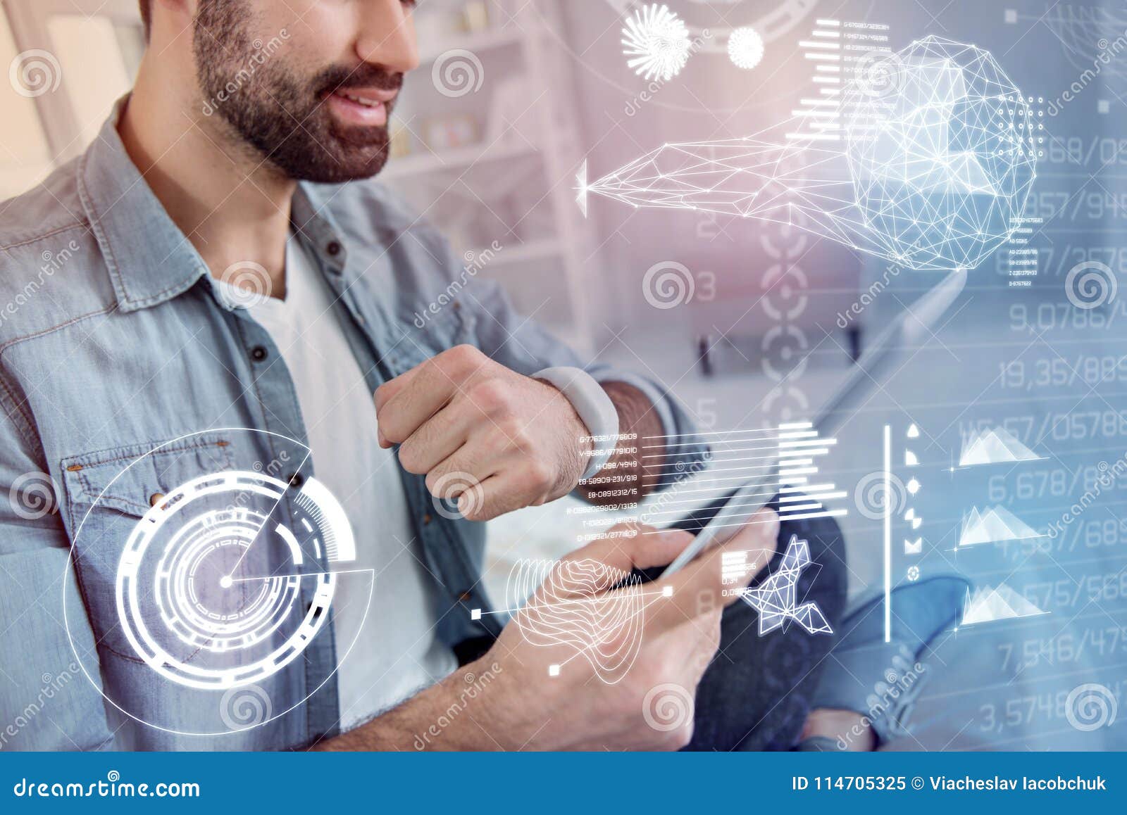 Emotional Programmer Holding a Tablet while Testing His Smart Watch ...