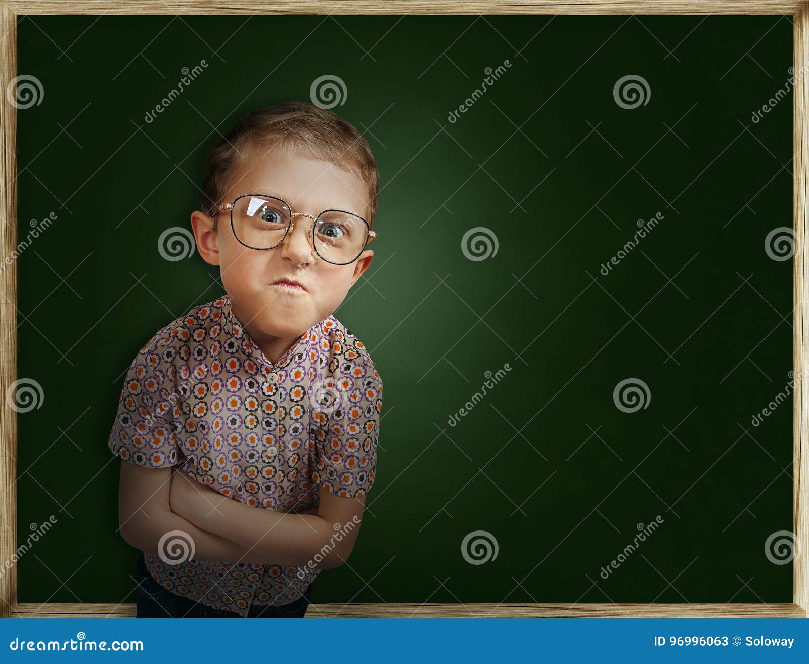 Emotional Pupil Boy Near Chalkboard Stock Image - Image of classroom ...