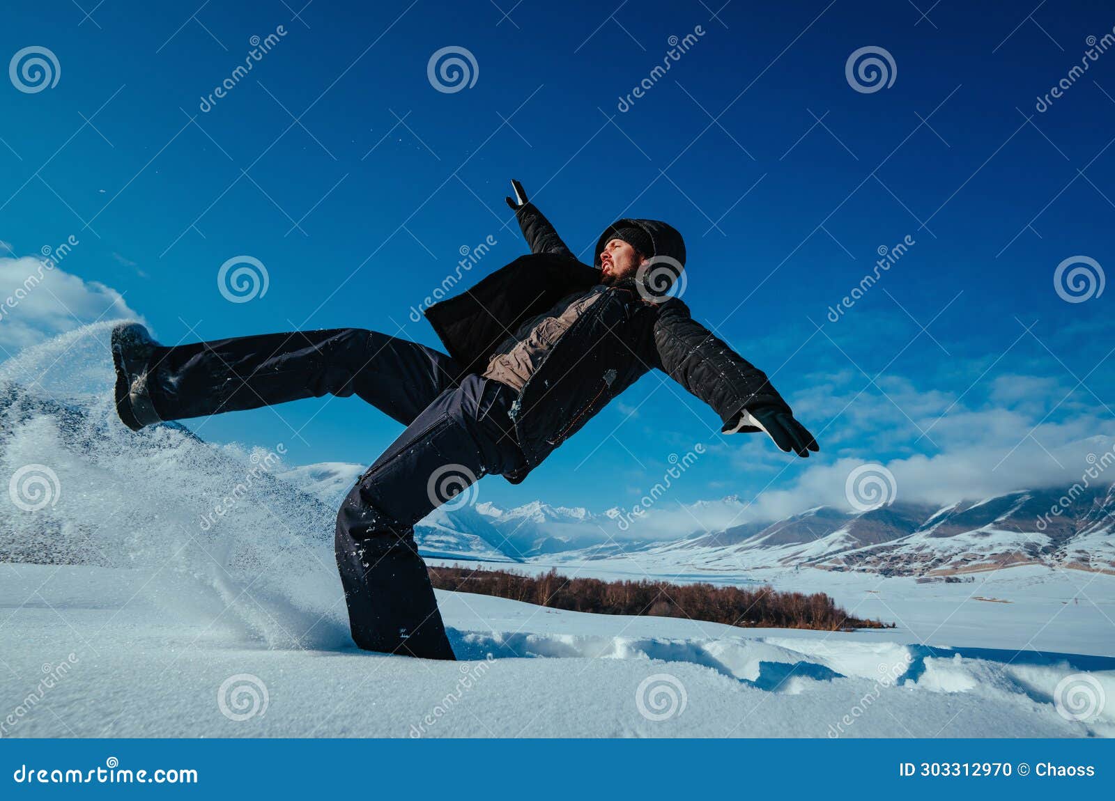 Emotional Man Falling in Snow on Mountains Background in Winter Stock ...