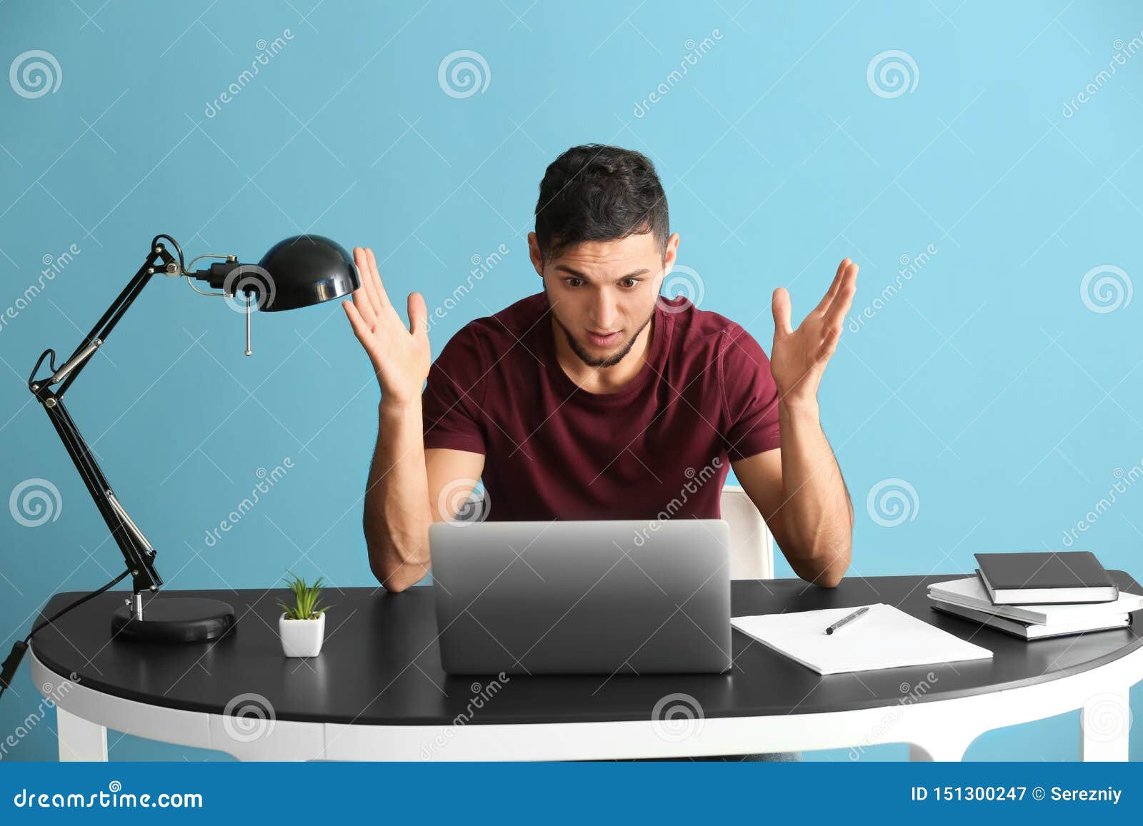 Emotional Young Man after Making Mistake during Work with Laptop Stock ...