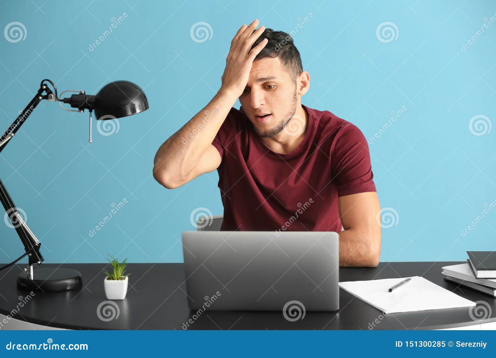 Emotional Young Man after Making Mistake during Work with Laptop Stock ...