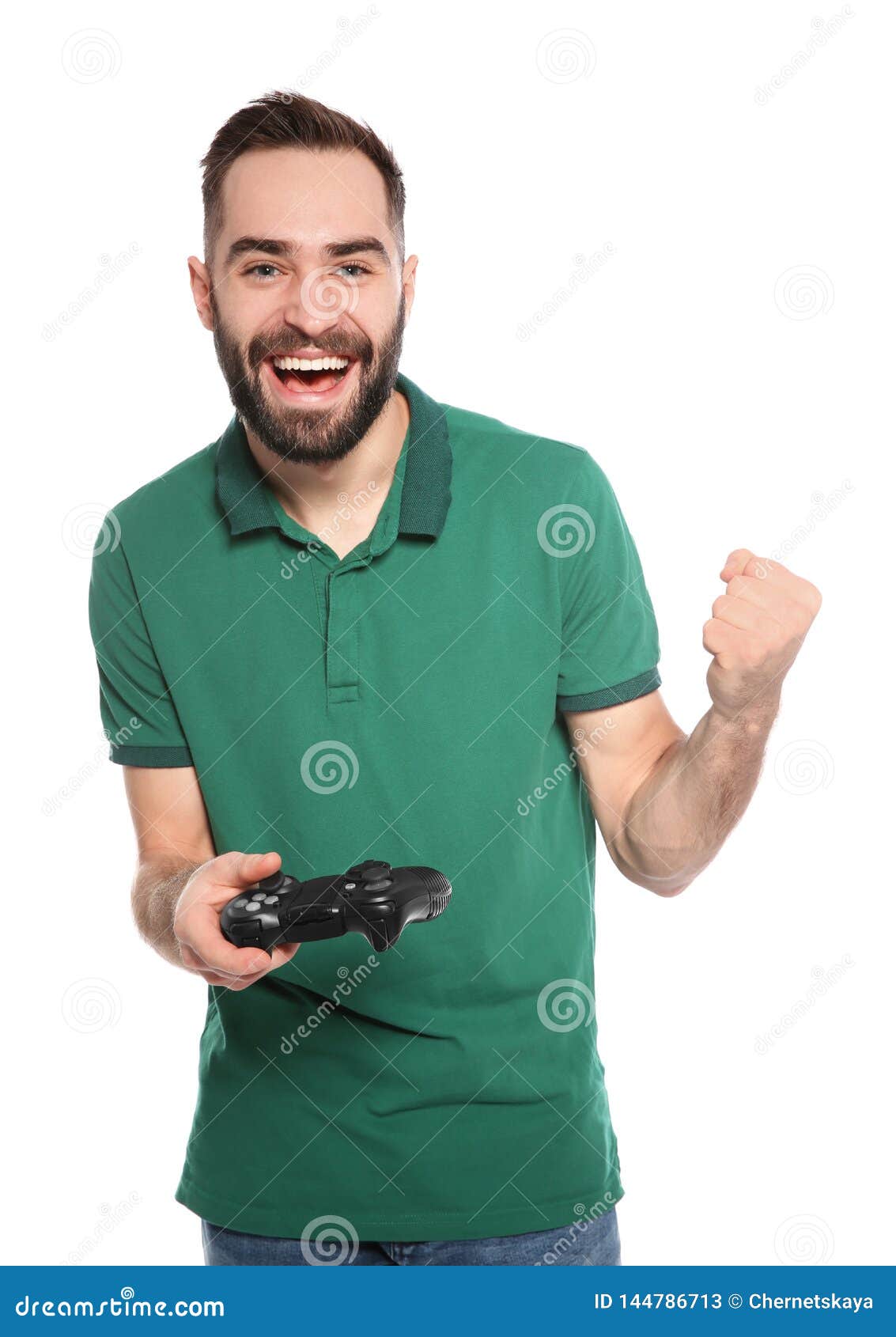 Emotional Young Man Playing Video Games with Controller Isolated Stock ...